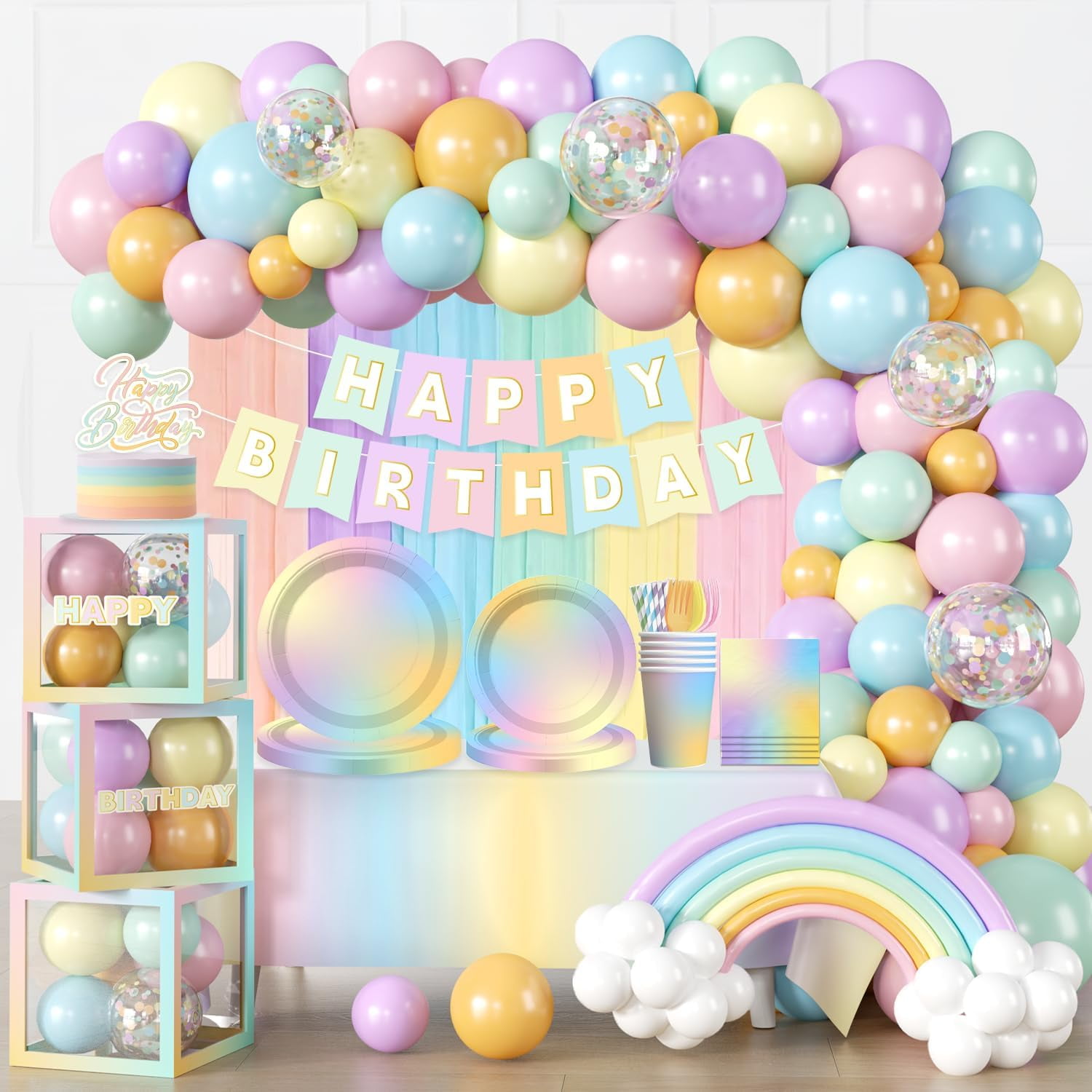 Rainbow Theme Pastel Backdrop Balloons Archway Streamer Backdrop ...