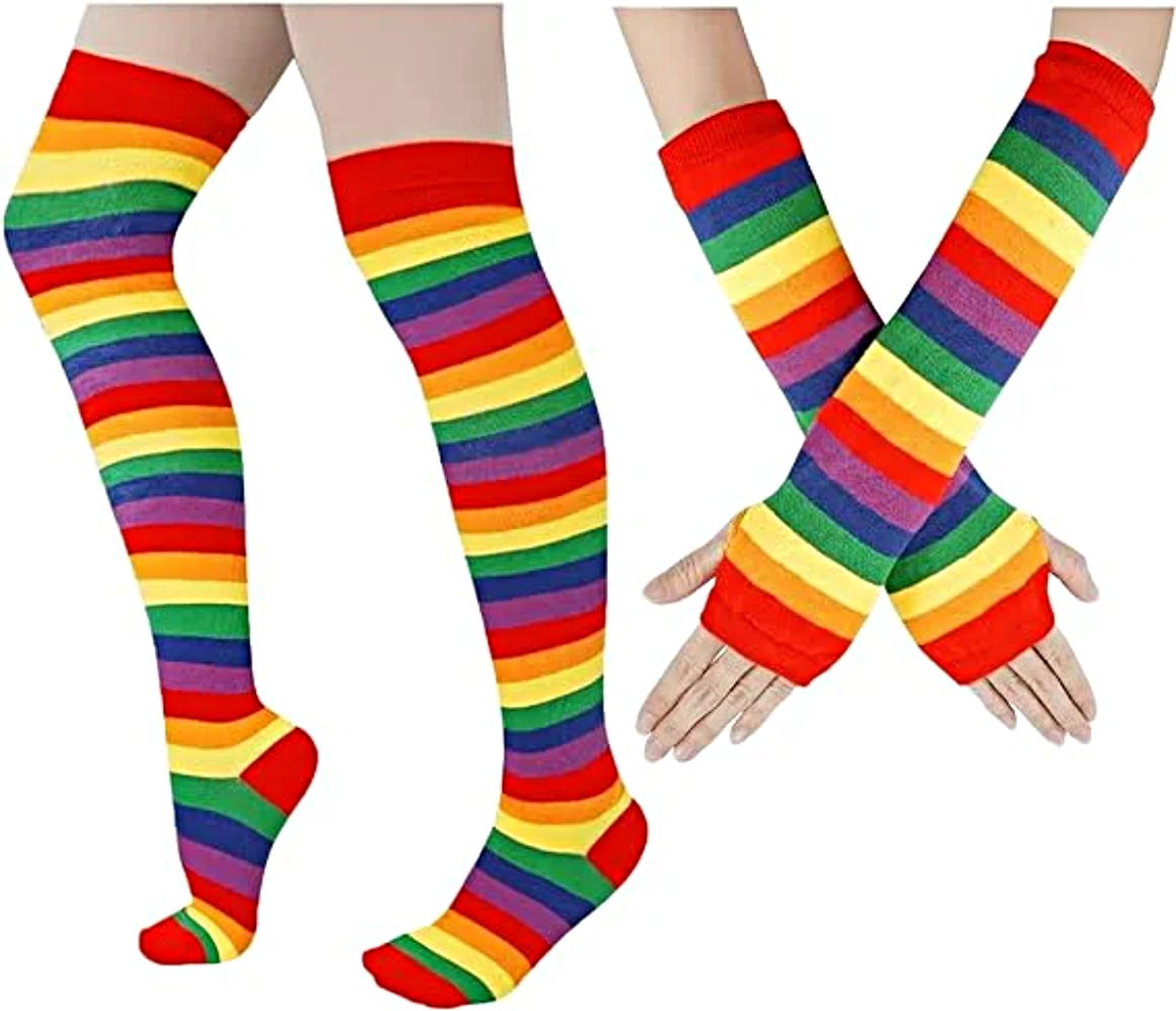 Wowstyle Women's 2-Pack Rainbow Striped Stockings Rainbow Striped Socks ...
