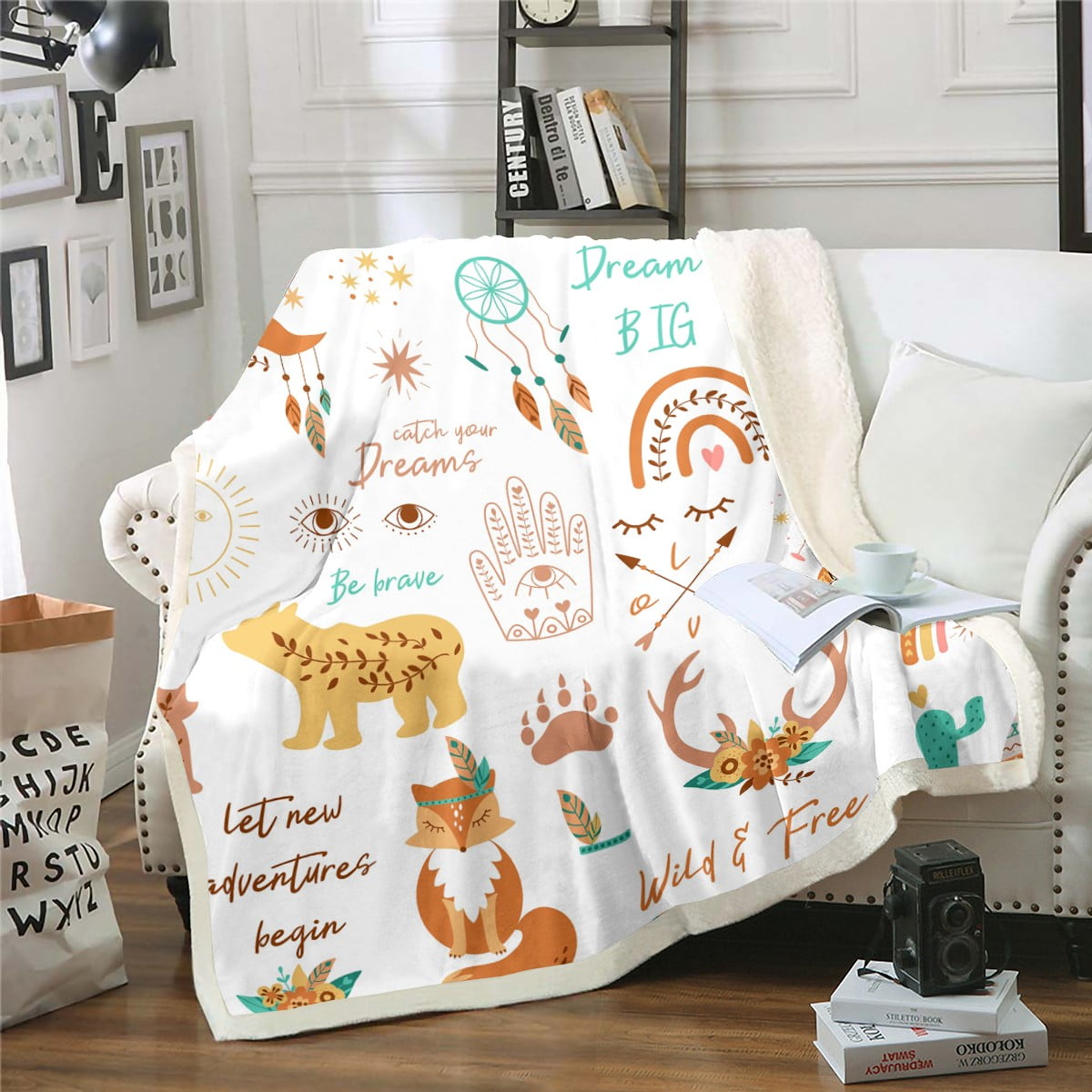 Rainbow Throw Blanket Bohemian Fleece Blanket,Bear Deer Antler Arrow ...