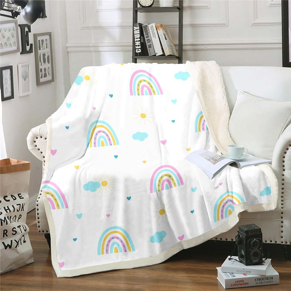 Rainbow Throw Size Fleece Blanket Kawaii Sun and Clouds for Kids ...