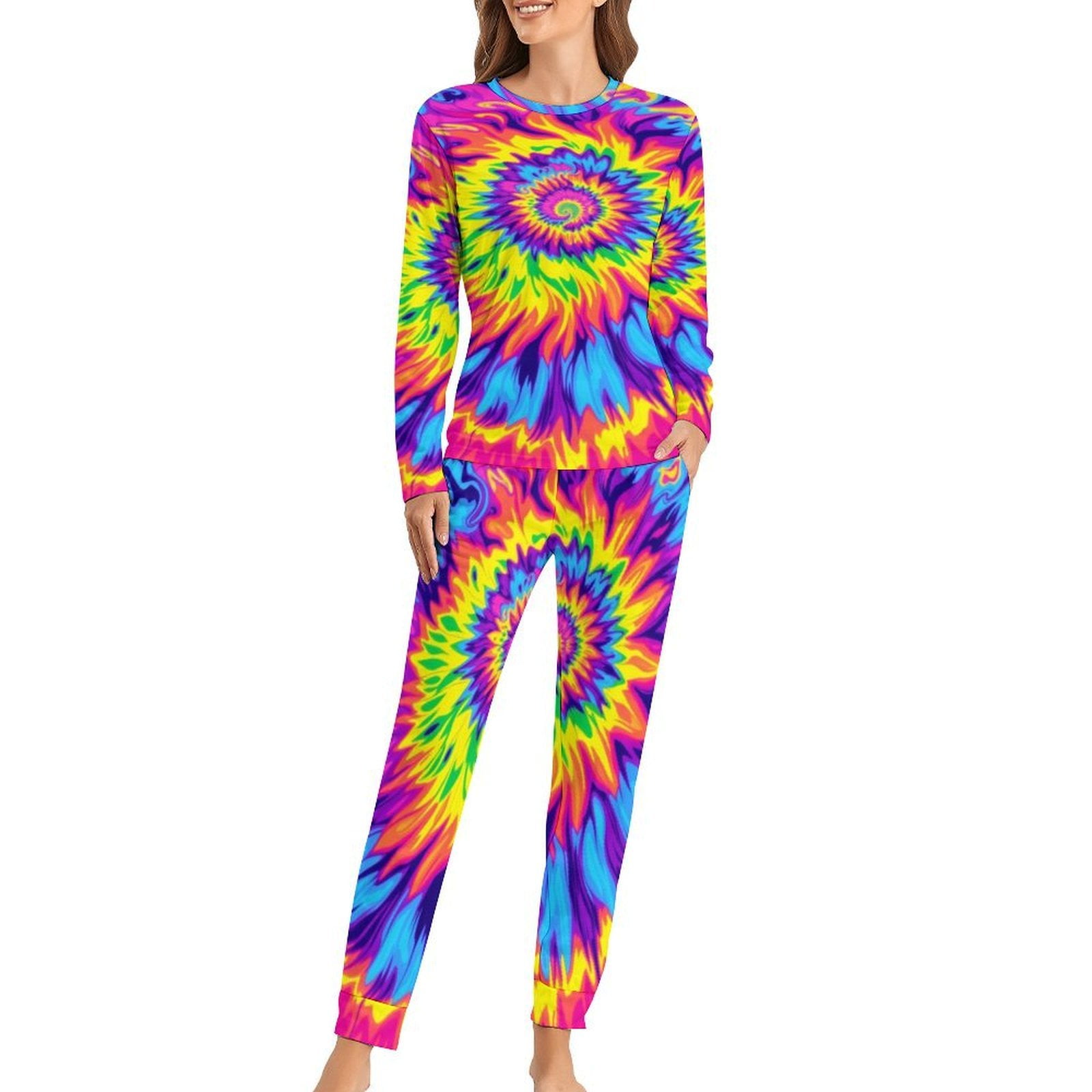 Rainbow Tie Dye Swirl Pajamas 2 Pieces Pajama Sets Woman Long Sleeve ...