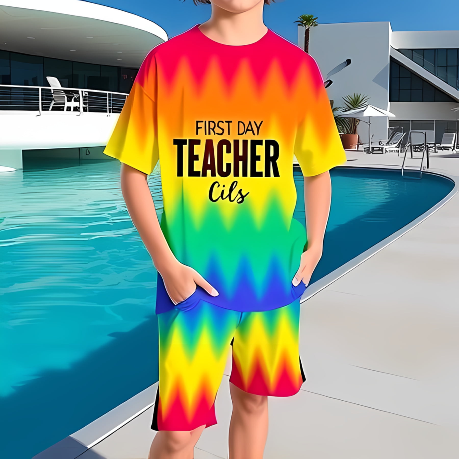 Rainbow Tie - T-Shirt and Shorts Set Fun 'FIRST DAY TEACHER Cils ...