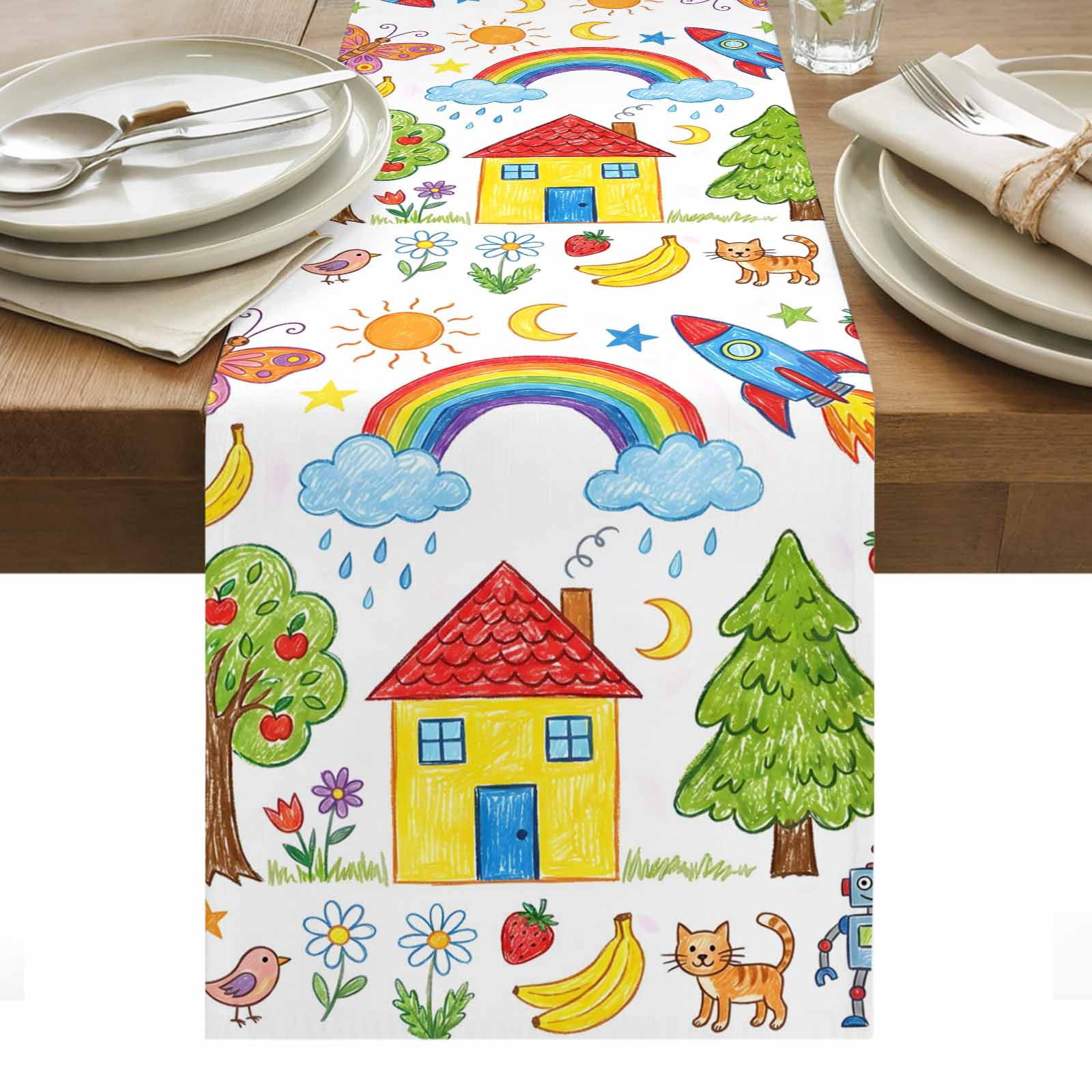 Rainbow Tree Cotton Linen Table Runner Yellow House Flower Cat ...