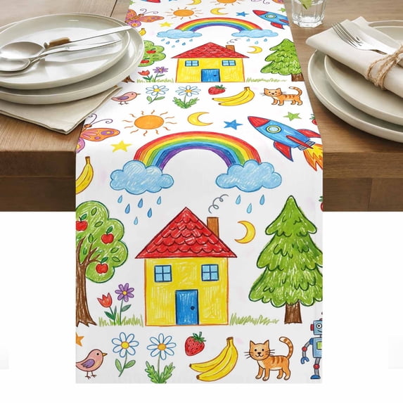 Rainbow Tree Cotton Linen Table Runner Yellow House Flower Cat ...