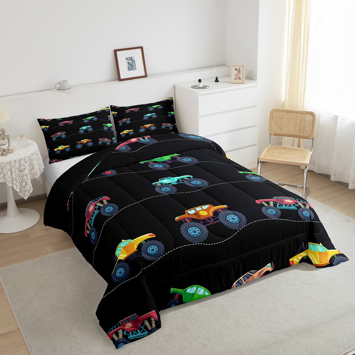Rainbow Truck Bedding Set Twin Colorful Construction Vehicle Comforter ...