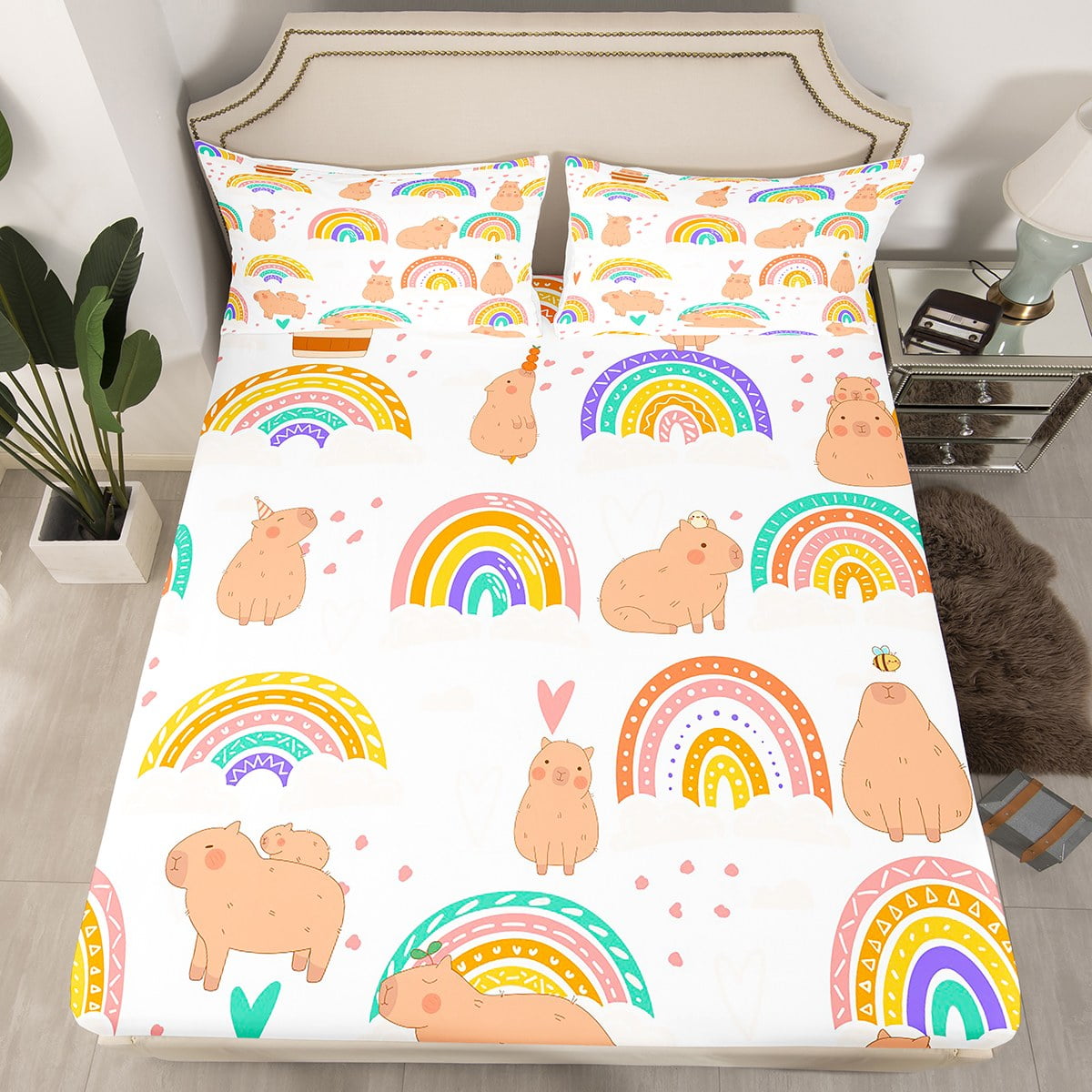 Rainbow Twin Bed Sheets, Cartoon Capybara Fitted Sheet Gifts For ...