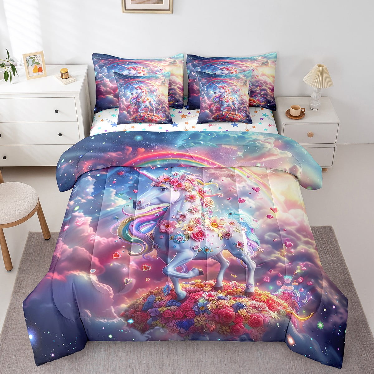 Rainbow Unicorn Bed in a Bag Full for Girls Kids 7 Pcs Cute Cartoon Unicorn Bedding Set,Kawaii ...
