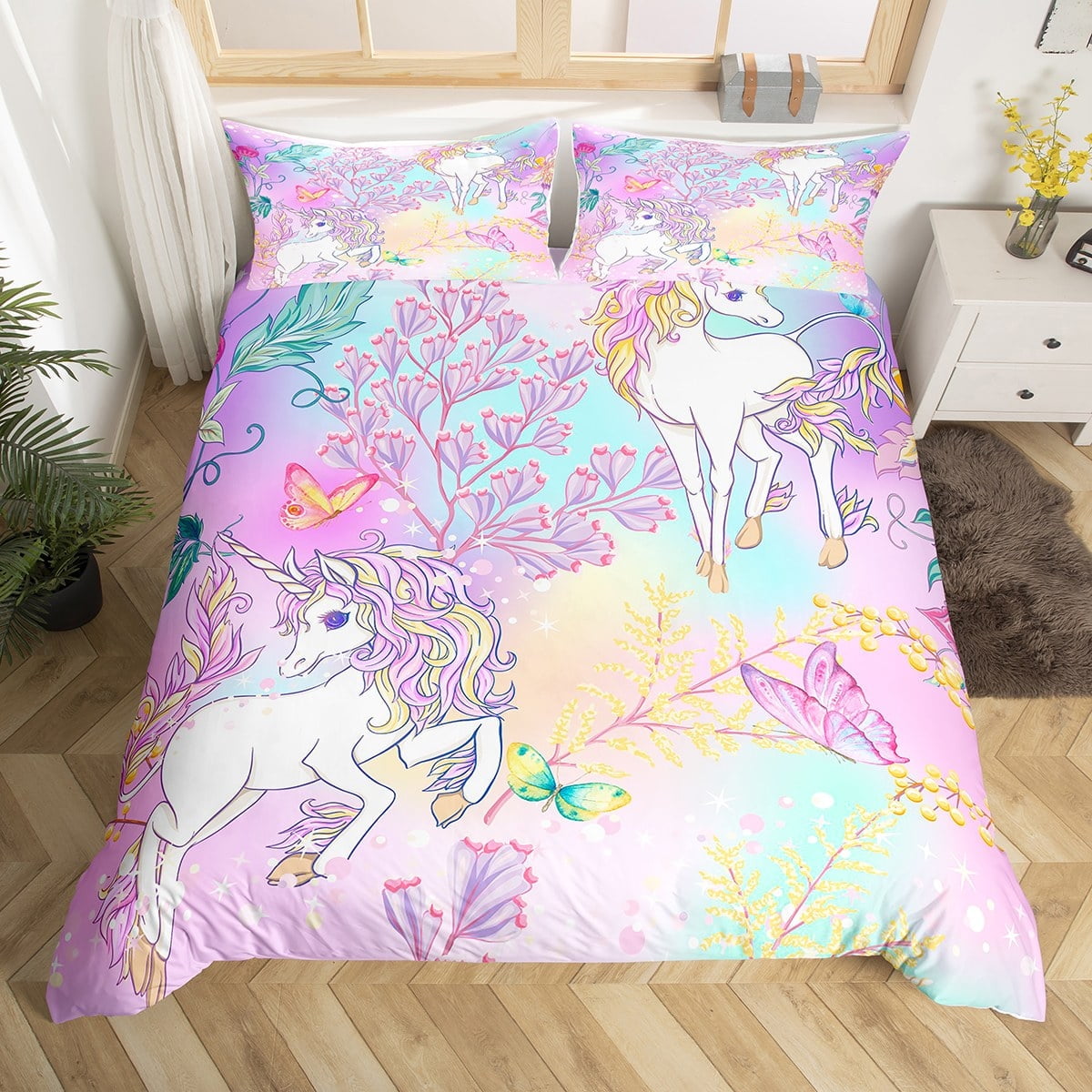 Rainbow Unicorn Bedding King Ombre Purple Unicorn Duvet Cover Unicorn Bedroom Decor Cartoon ...
