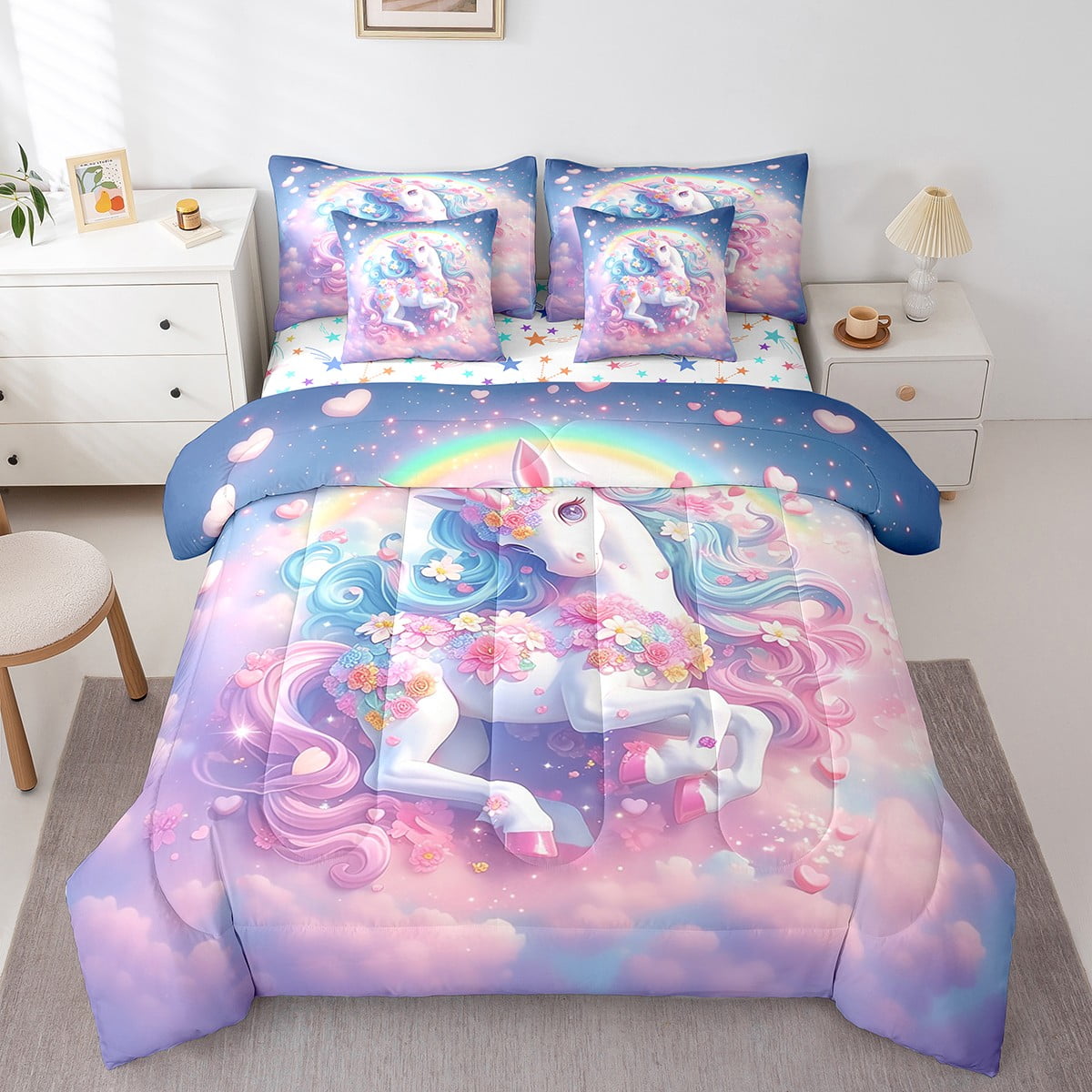 Rainbow Unicorn Bedding Set Twin Cute Cartoon Unicorn Bed in a Bag 7 ...