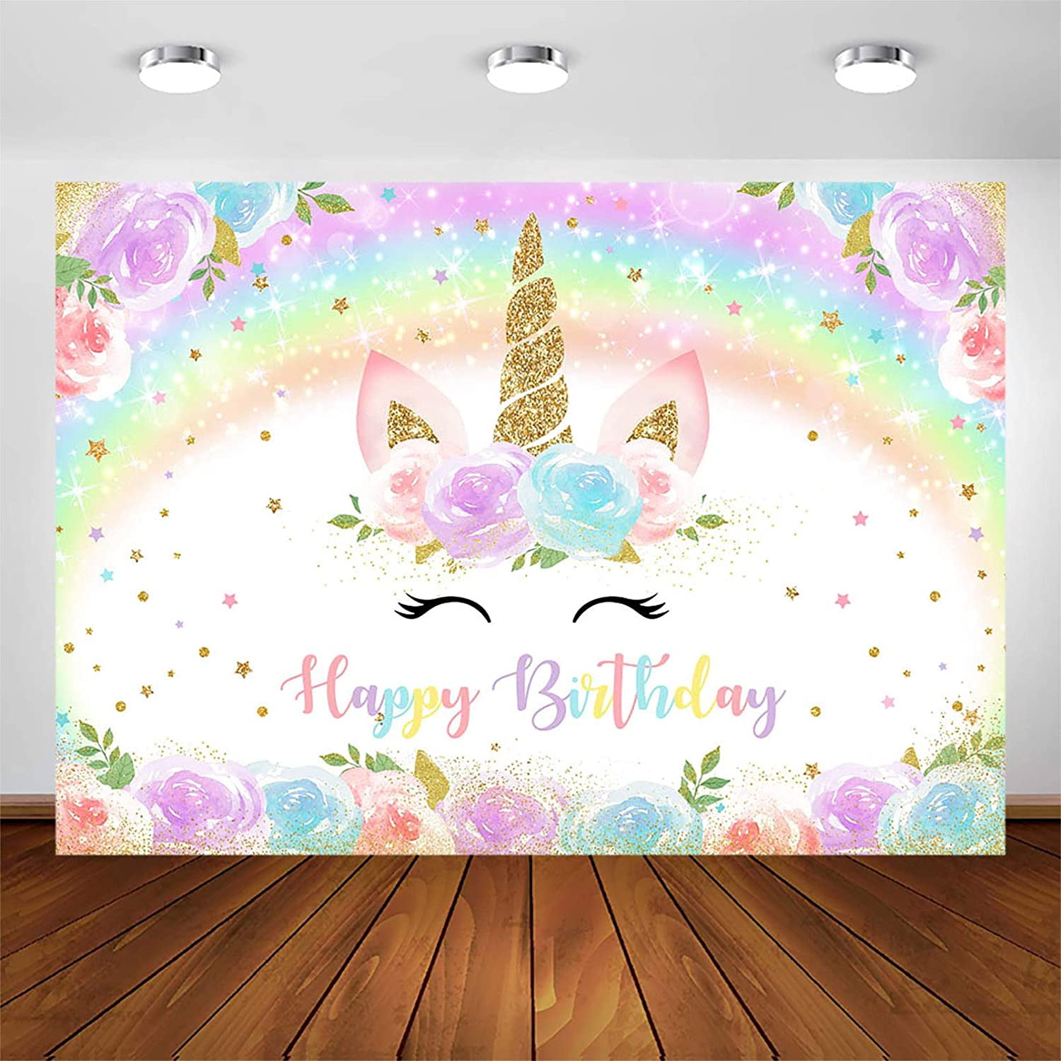 Rainbow Unicorn Birthday Backdrop for Girl Gold Glitter Rainbow ...