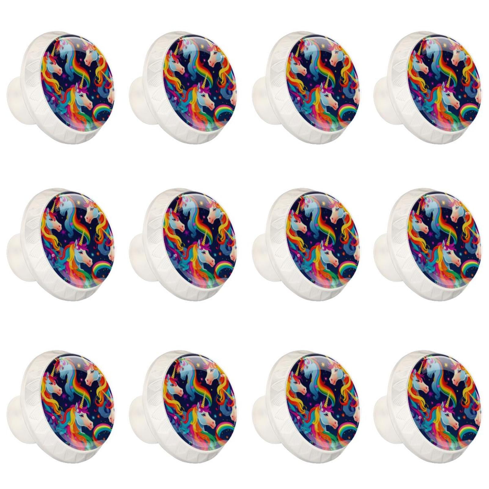 Rainbow Unicorn Cartoon 12 Pcs White Round Drawer Pulls with Screws,ABS and Glass Cabinet ...