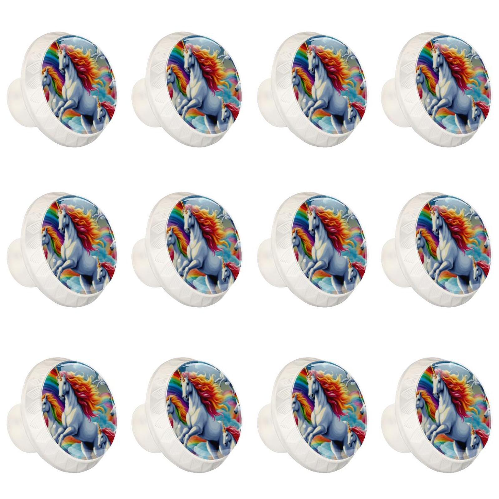 Rainbow Unicorn Cartoon 12 Pcs White Round Drawer Pulls with Screws,ABS ...