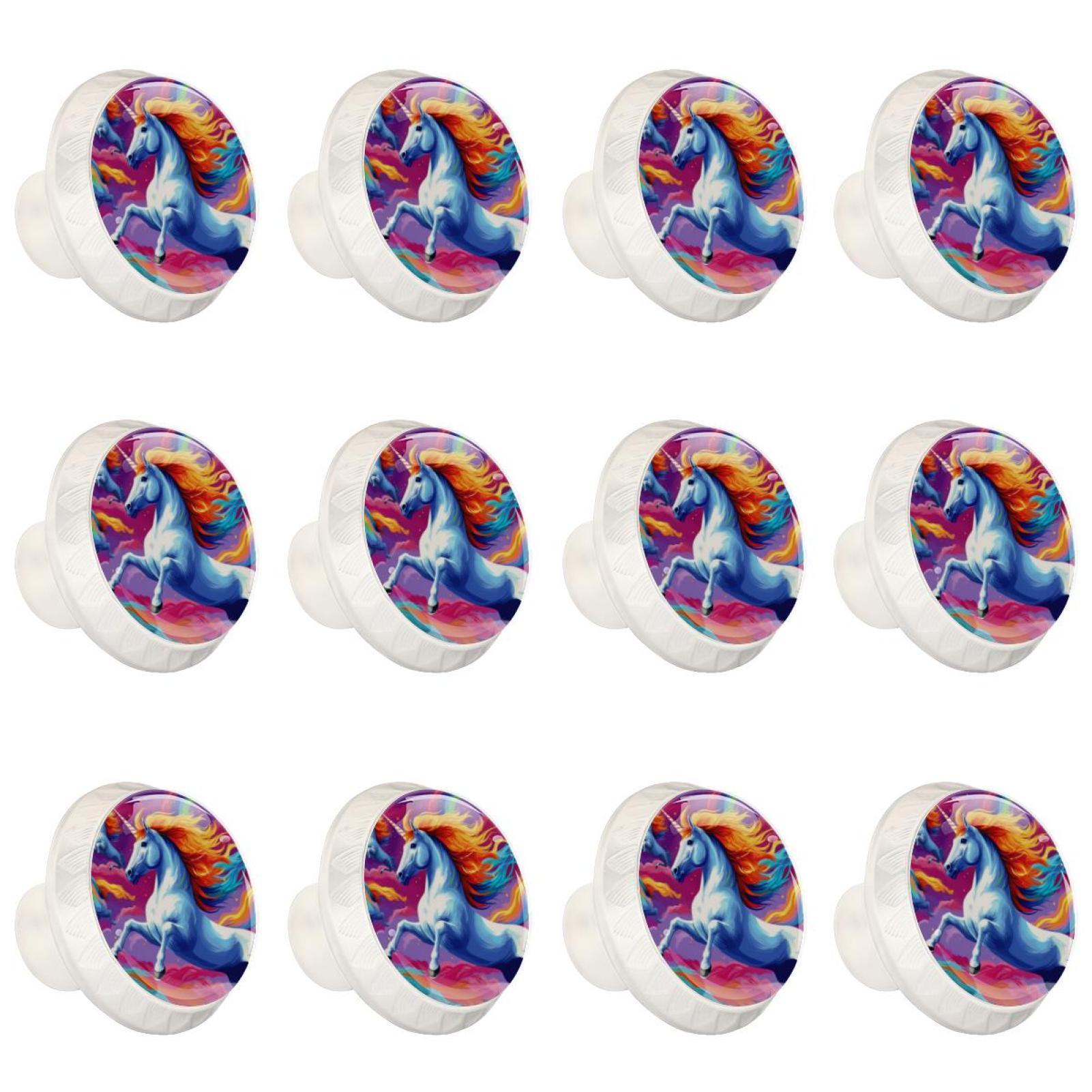 Rainbow Unicorn Cartoon 12 Pcs White Round Drawer Pulls with Screws,ABS and Glass Cabinet ...