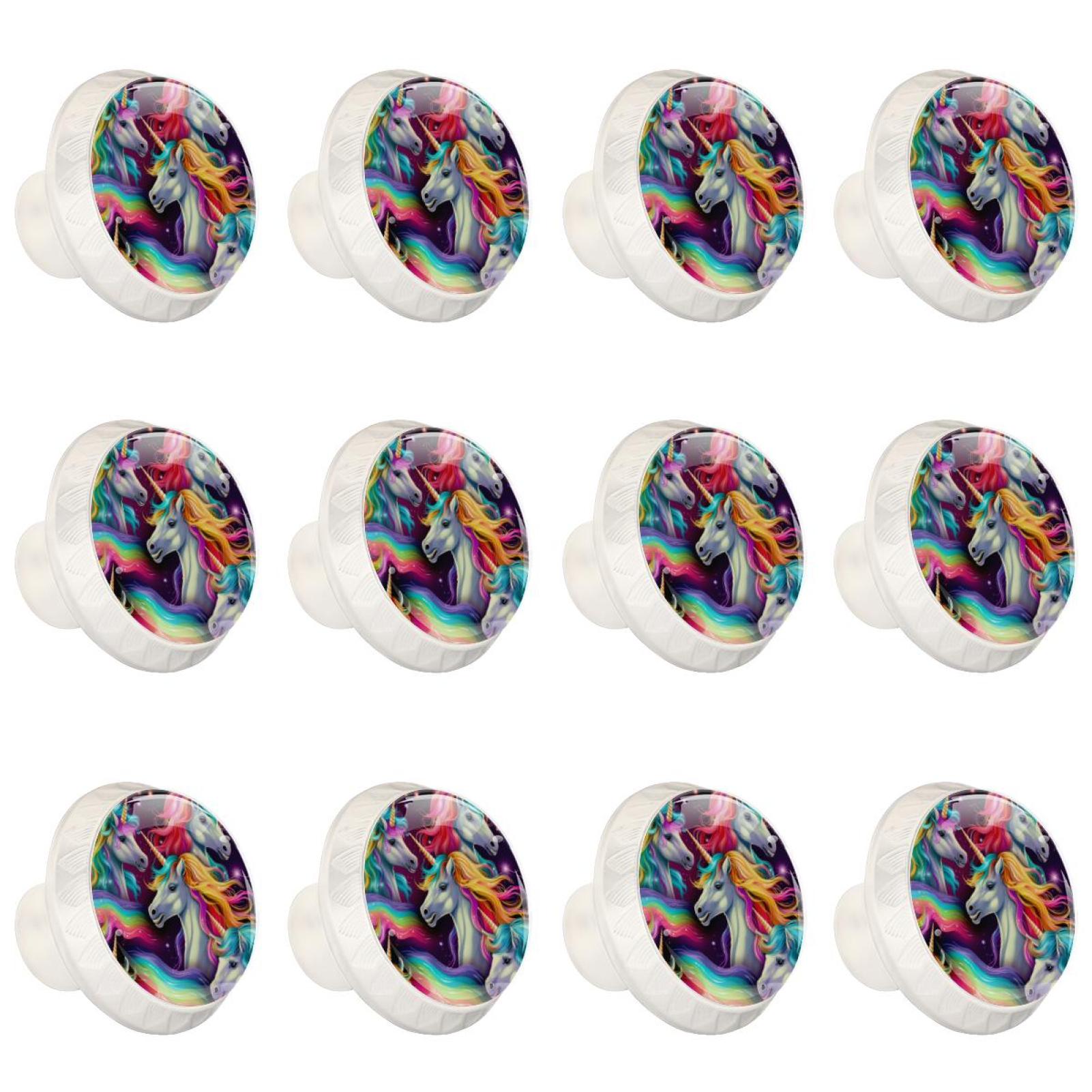 Rainbow Unicorn Cartoon 12 Pcs White Round Drawer Pulls with Screws,ABS and Glass Cabinet ...