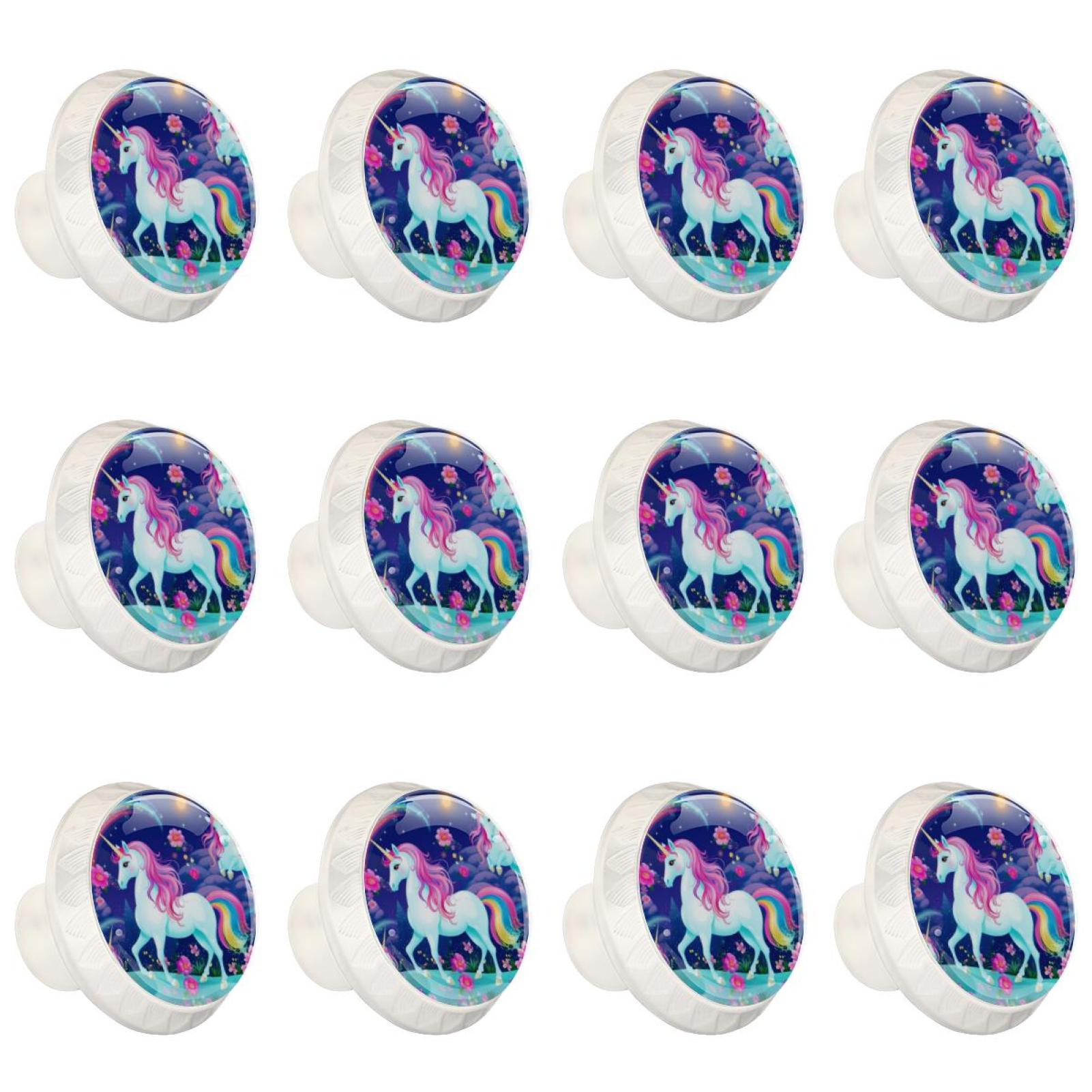 Rainbow Unicorn Cartoon 12 Pcs White Round Drawer Pulls with Screws,ABS and Glass Cabinet ...