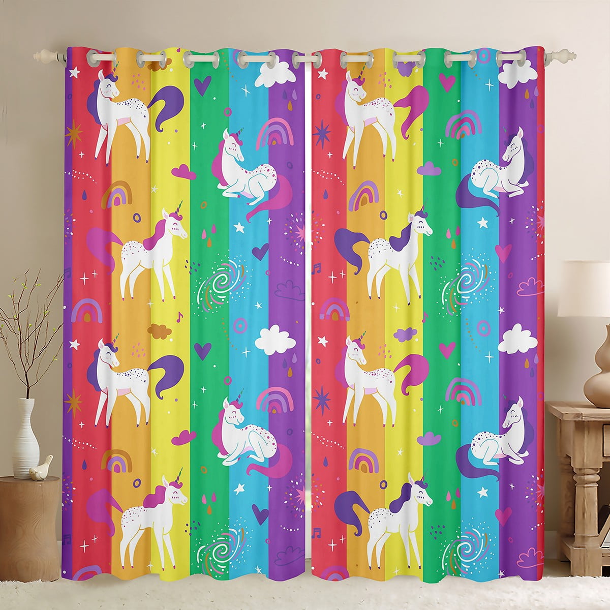 Rainbow Unicorn Curtains Birthday Gifts Kawaii Colorful Unicorn Curtains & Drapes Galaxy Rain ...