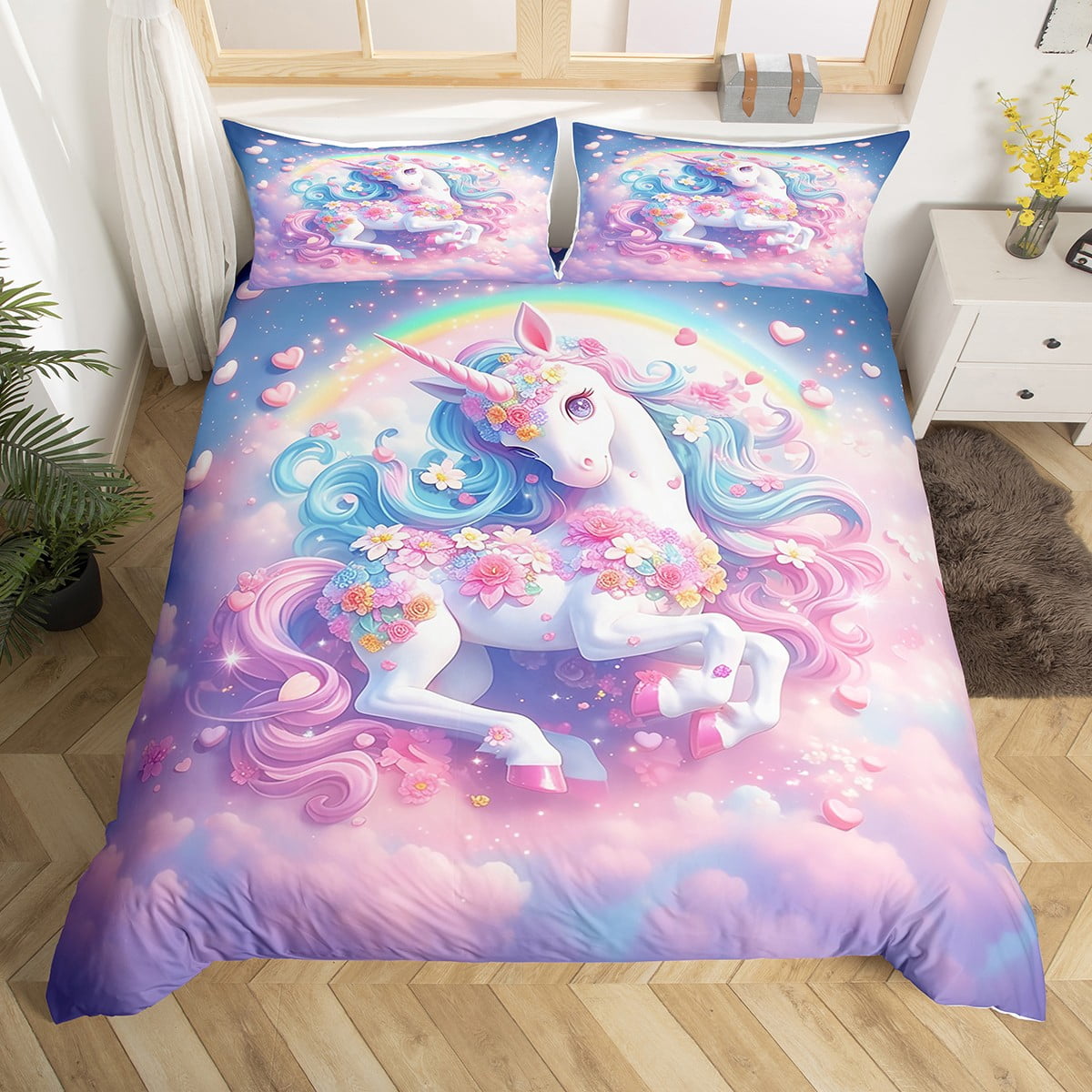 Rainbow Unicorn Duvet Cover Full Kids Cute Cartoon Unicorn Bedding Set ...