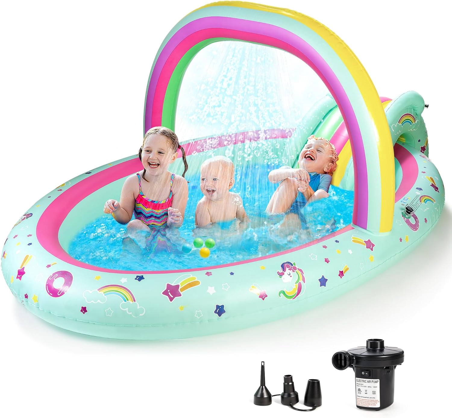 Rainbow Unicorn Inflatable Play Center Kiddie Pool with Slide and ...