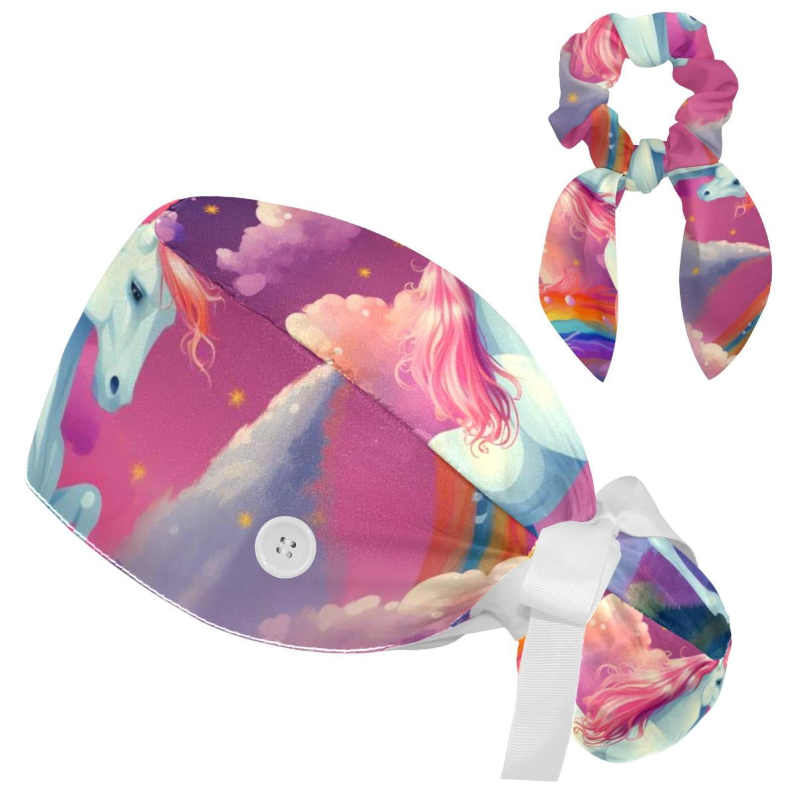Rainbow Unicorn Surgical Cap with Buttons/ Bow Hair Scrunchy for Long ...