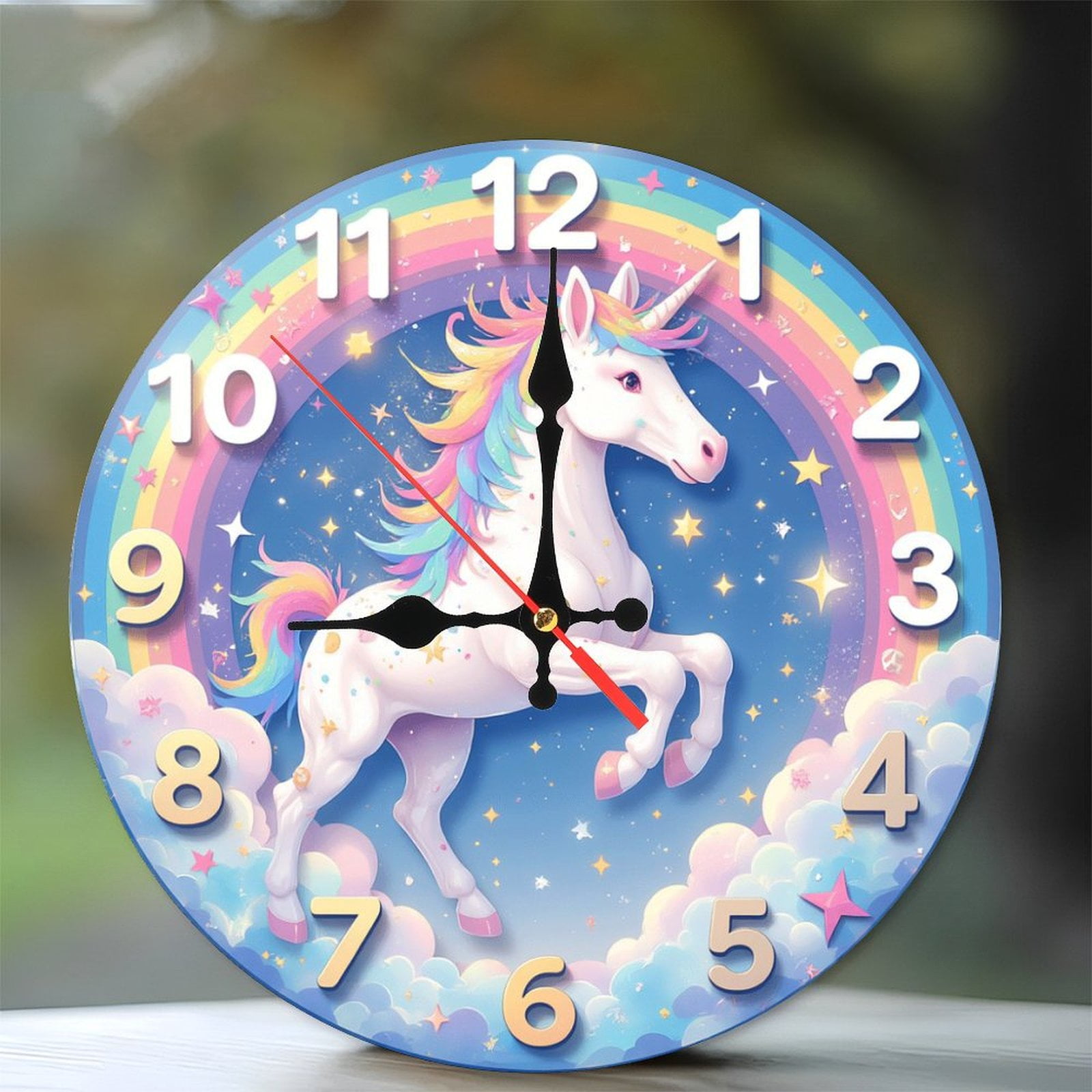 Rainbow Unicorn Wall Clock Cute Fantasy Decor 10-Inch Silent Wooden Wall Clock, Battery Operated ...