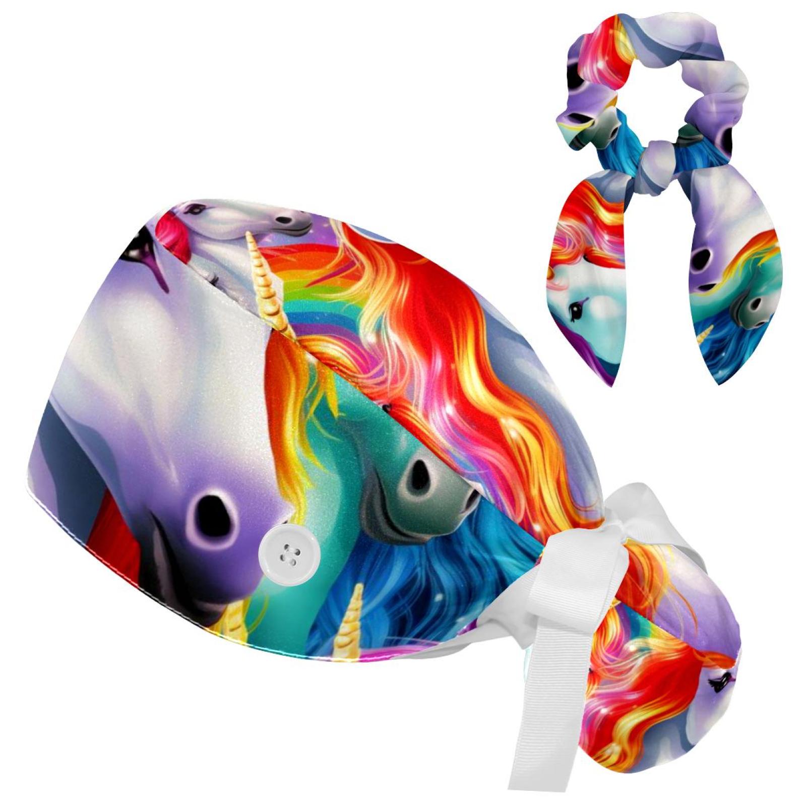 Rainbow Unicorn Women Surgical Cap with Buttons, Long Hair Scrub Hat ...