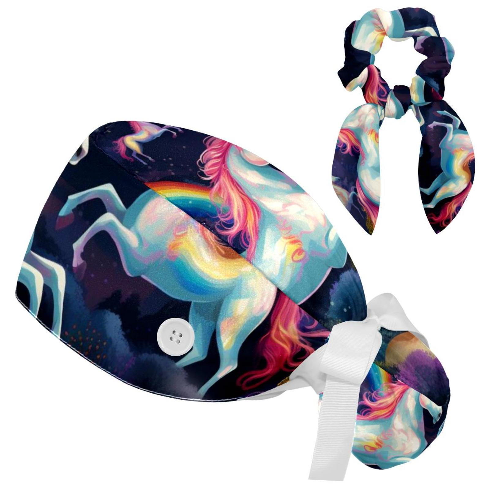 Rainbow Unicorn Working Cap with Scrunchy and Ribbon Tie for Women ...