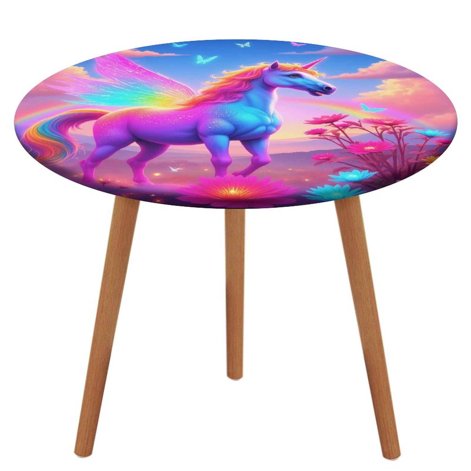 Rainbow Unicorn in Fantasy Garden Round Fitted Tablecloth Elastic Table ...