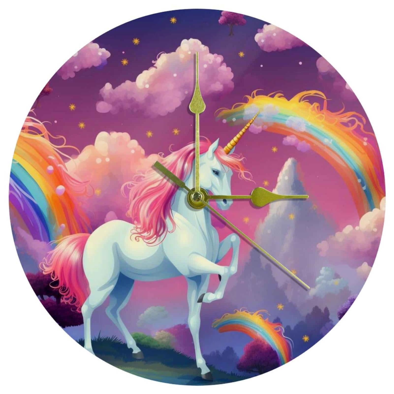 Rainbow Unicorns 9.8 Inches Round Acrylic Wall Clock, Silent Non ...