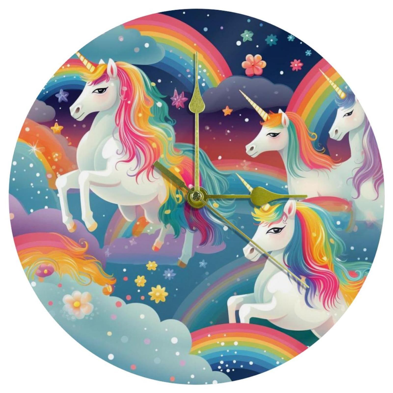 Rainbow Unicorns Modern Round Acrylic 9.8 Inches Silent Non Ticking ...