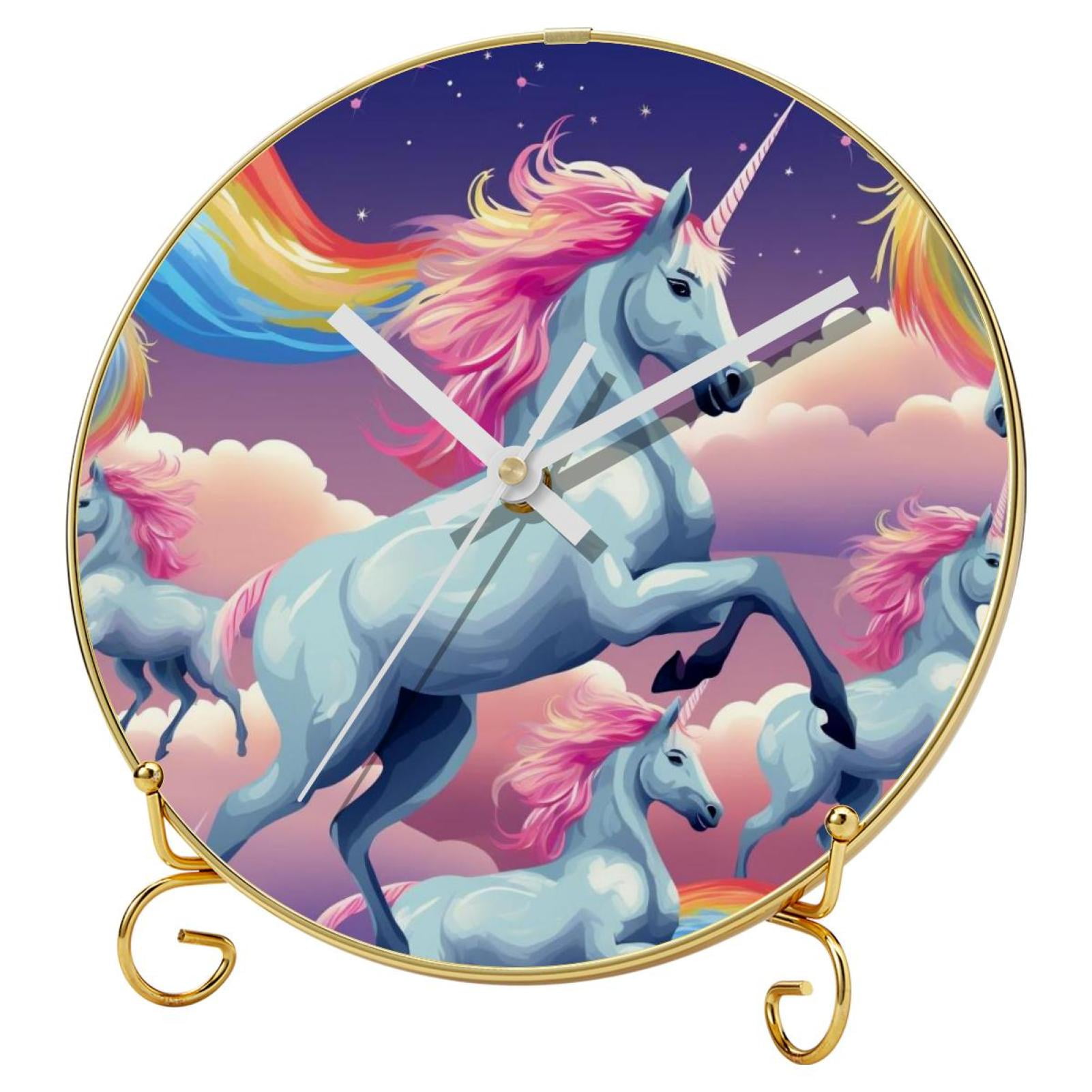 Rainbow Unicorns Round Printed Wall Clocks with Hooks and Gold Stand ...