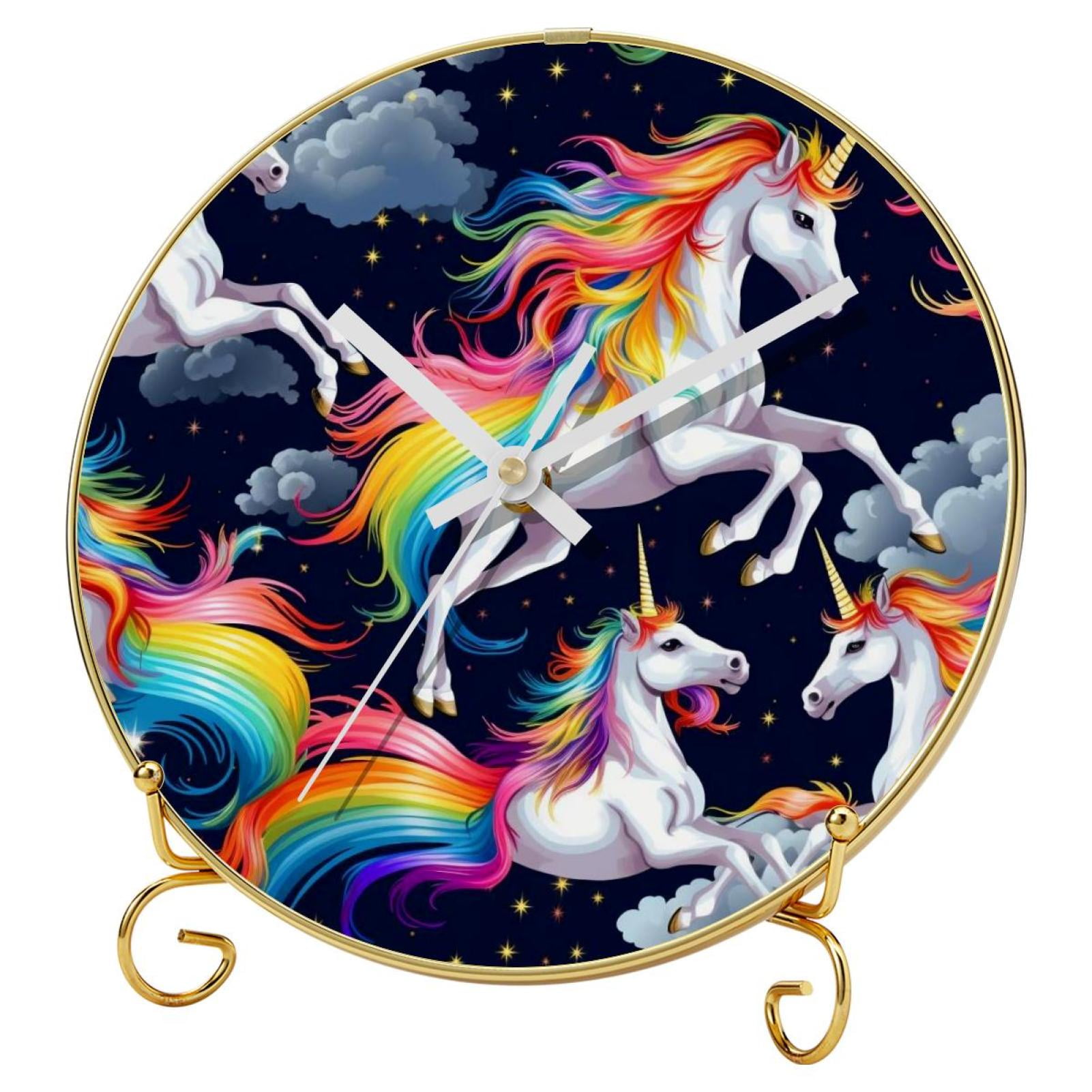 Rainbow Unicorns Round Wall Clock with Printed Design, Hooks and Gold ...