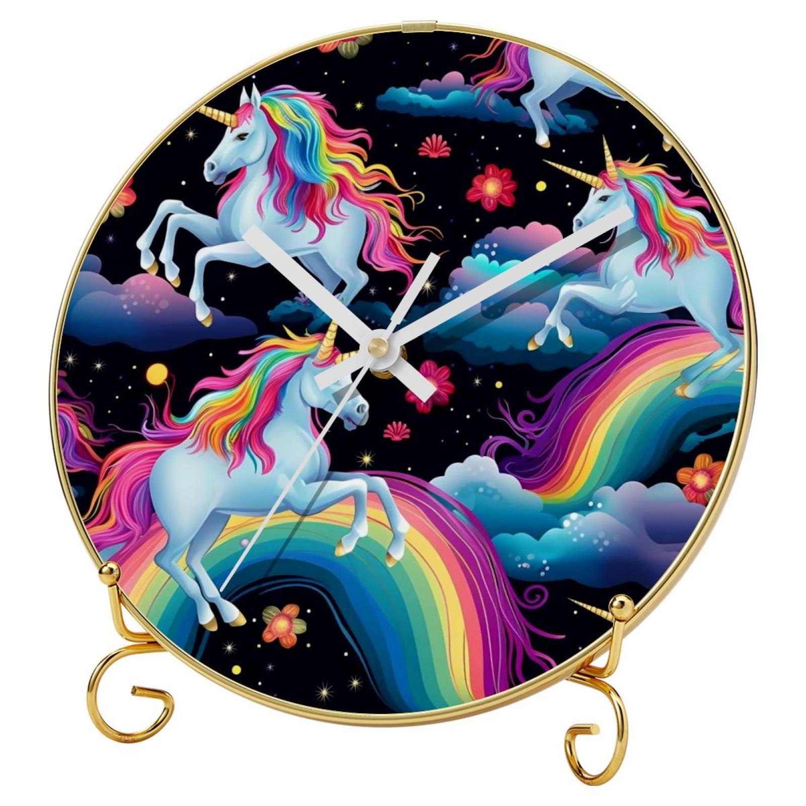 Rainbow Unicorns Round Wall Clock with Printed Design, Hooks and Gold Stand - Silent Non-Ticking ...