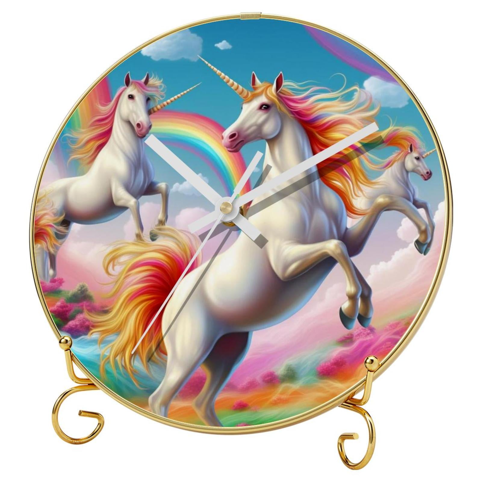 Rainbow Unicorns Round Wall Clocks with Hooks and Gold Stand, Silent Non-Ticking Clocks ...