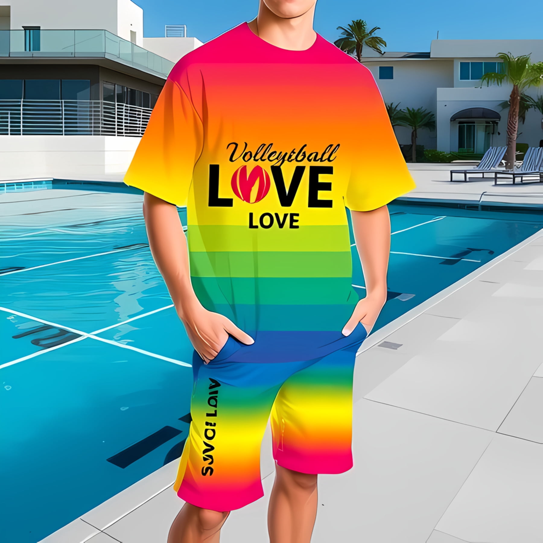 Rainbow Volleyball Love Graphic T-Shirt & Shorts Set - Colorful Summer ...