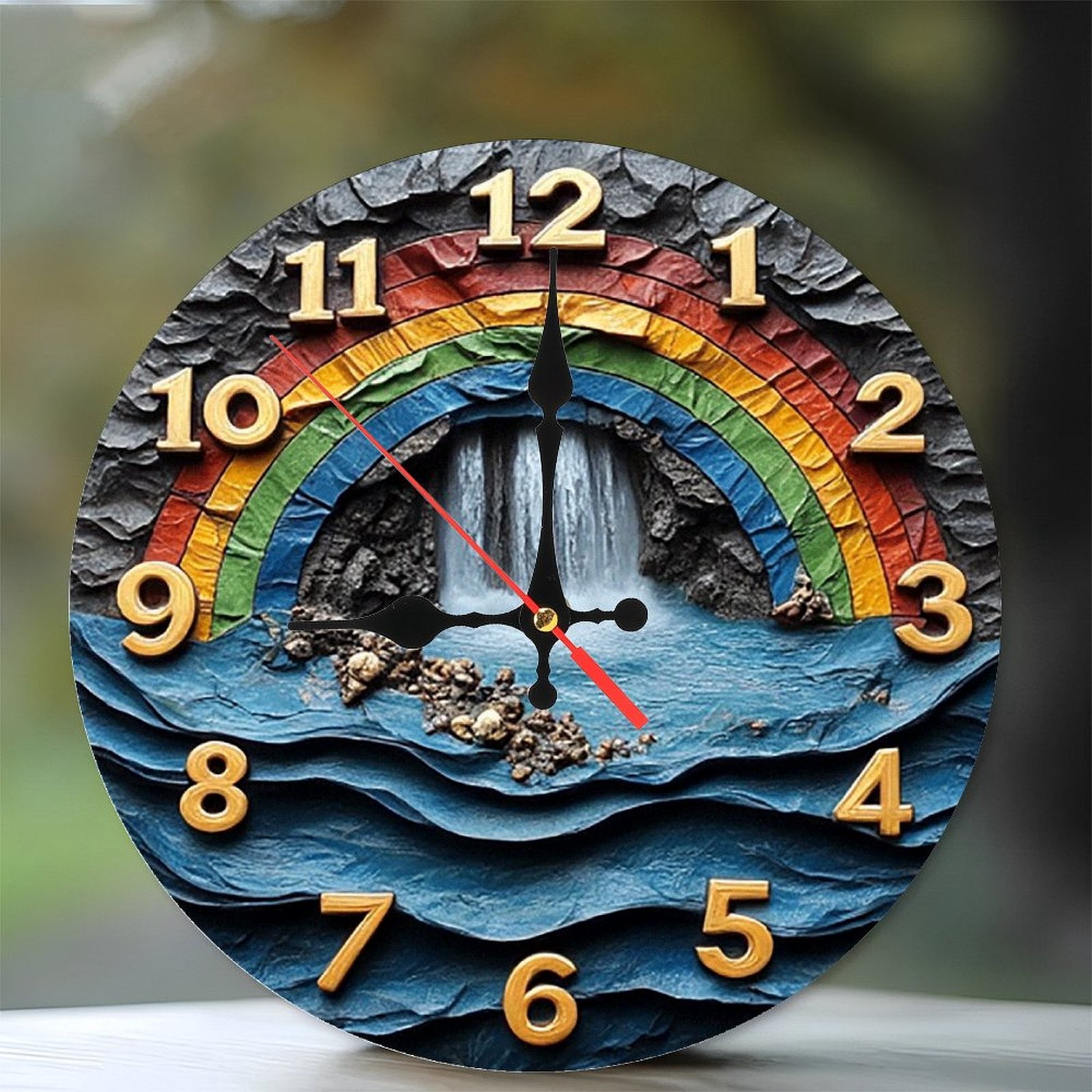 Rainbow Waterfall Clock Unique Home Decor 10-Inch Silent Wooden Wall ...