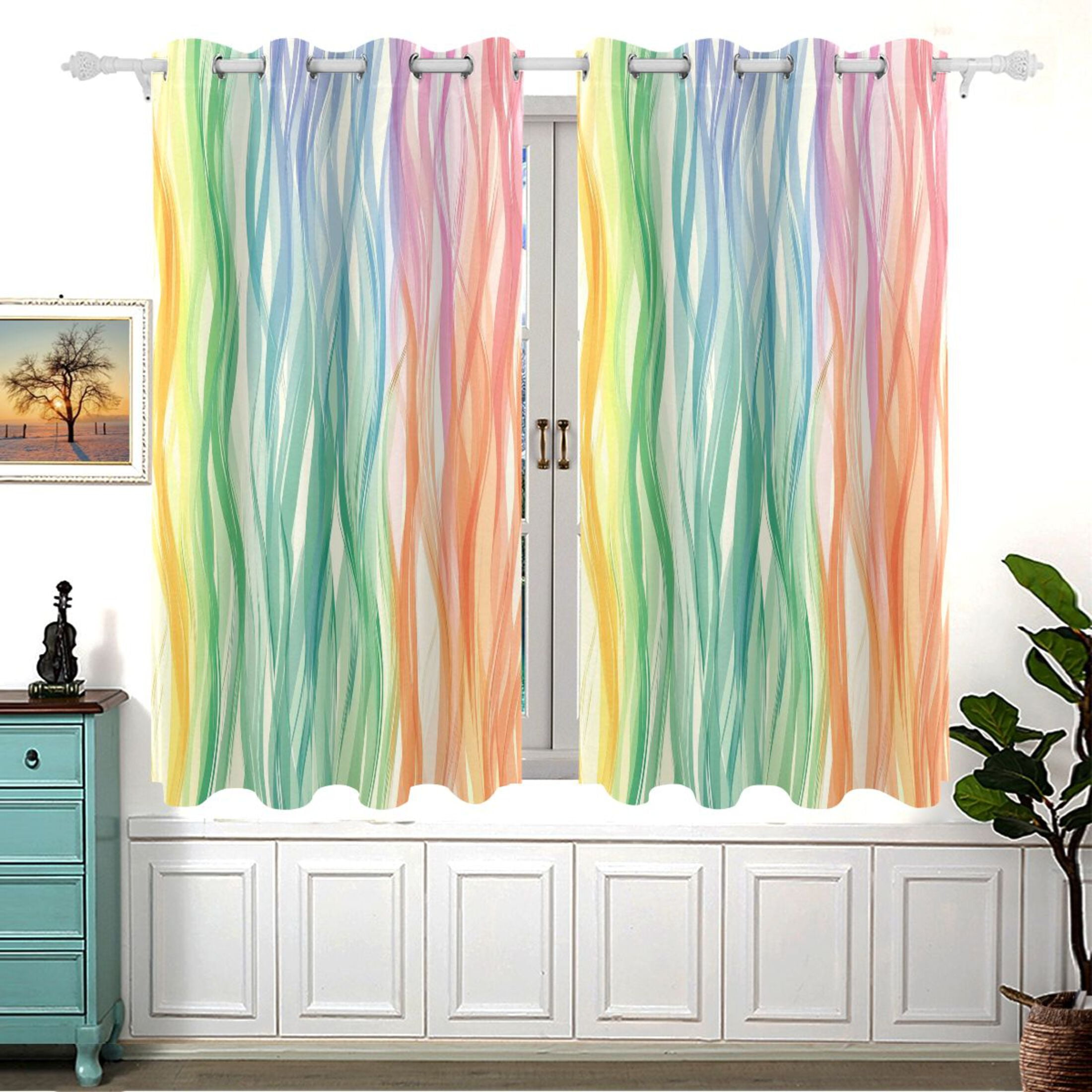 Rainbow Wave Lines Curtains Drapes with Grommets 2 Panels 54" x 55 ...