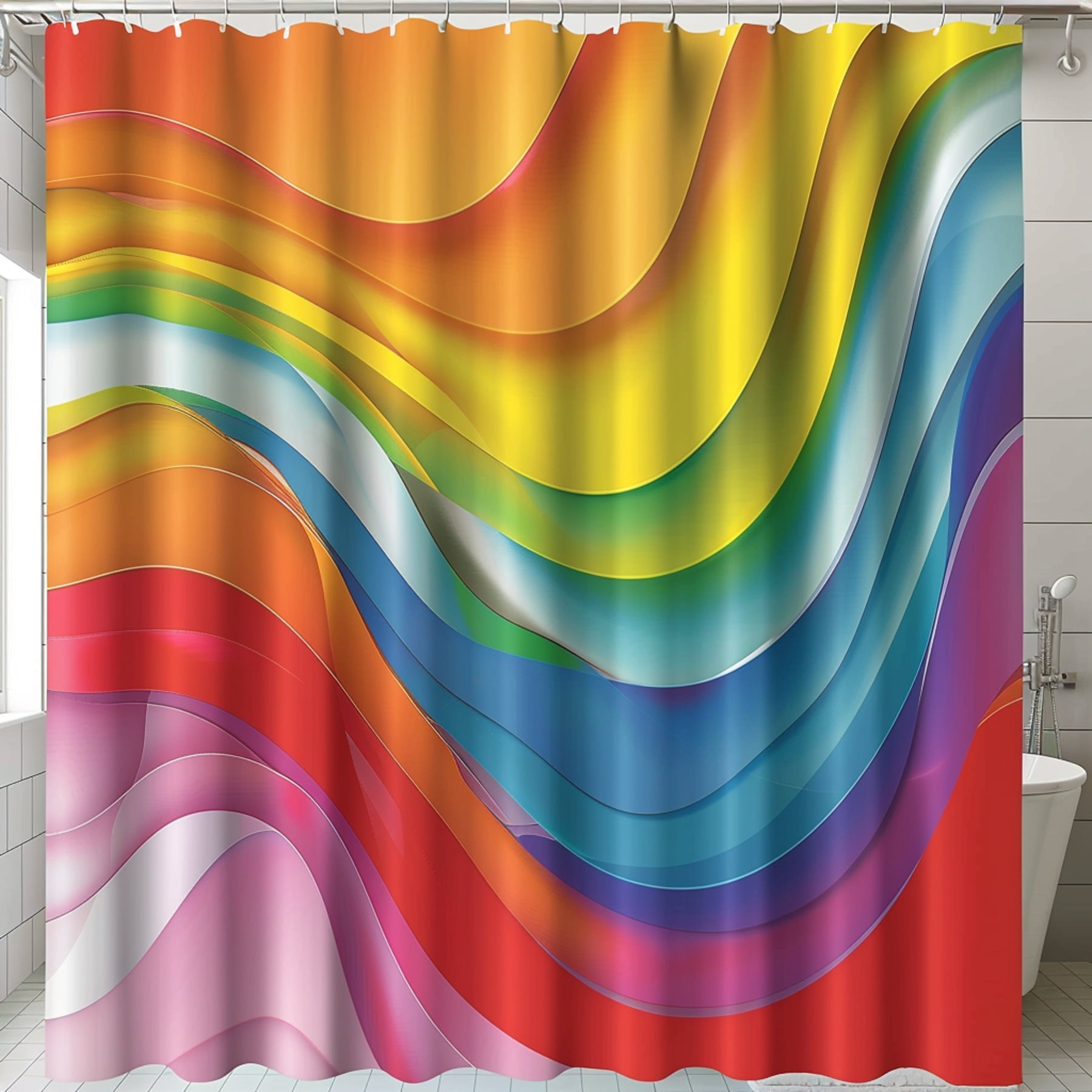Rainbow Waves Printing Shower Curtain Fabric Bathroom Decor Modern Art