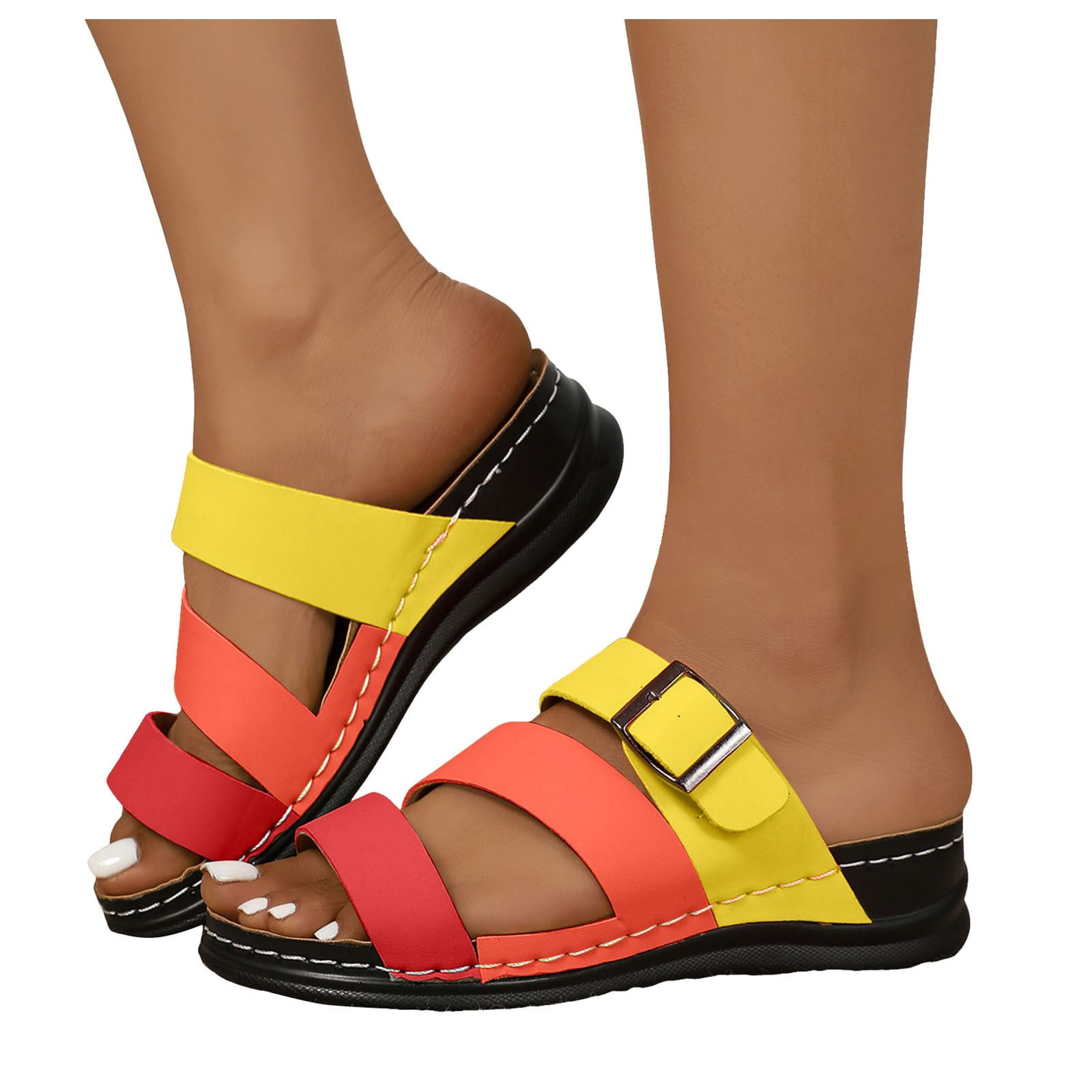 Rainbow Wedge Sandals for Women 2025 Boho Summer Beach Buckle Slip on ...
