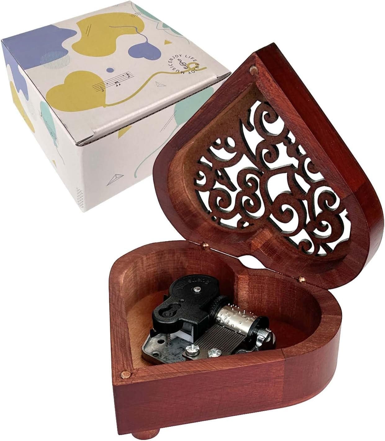 Over The Rainbow Wind Up Music Box, Heart Shaped Vintage Wood Carved ...