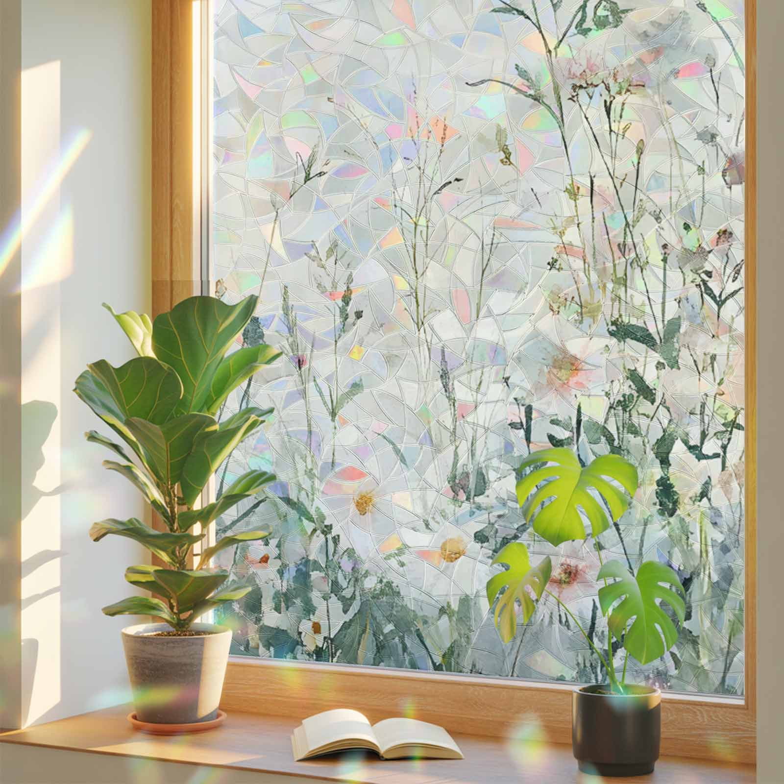 Rainbow Window Privacy Film, Botanical Floral Static Cling Window Film ...