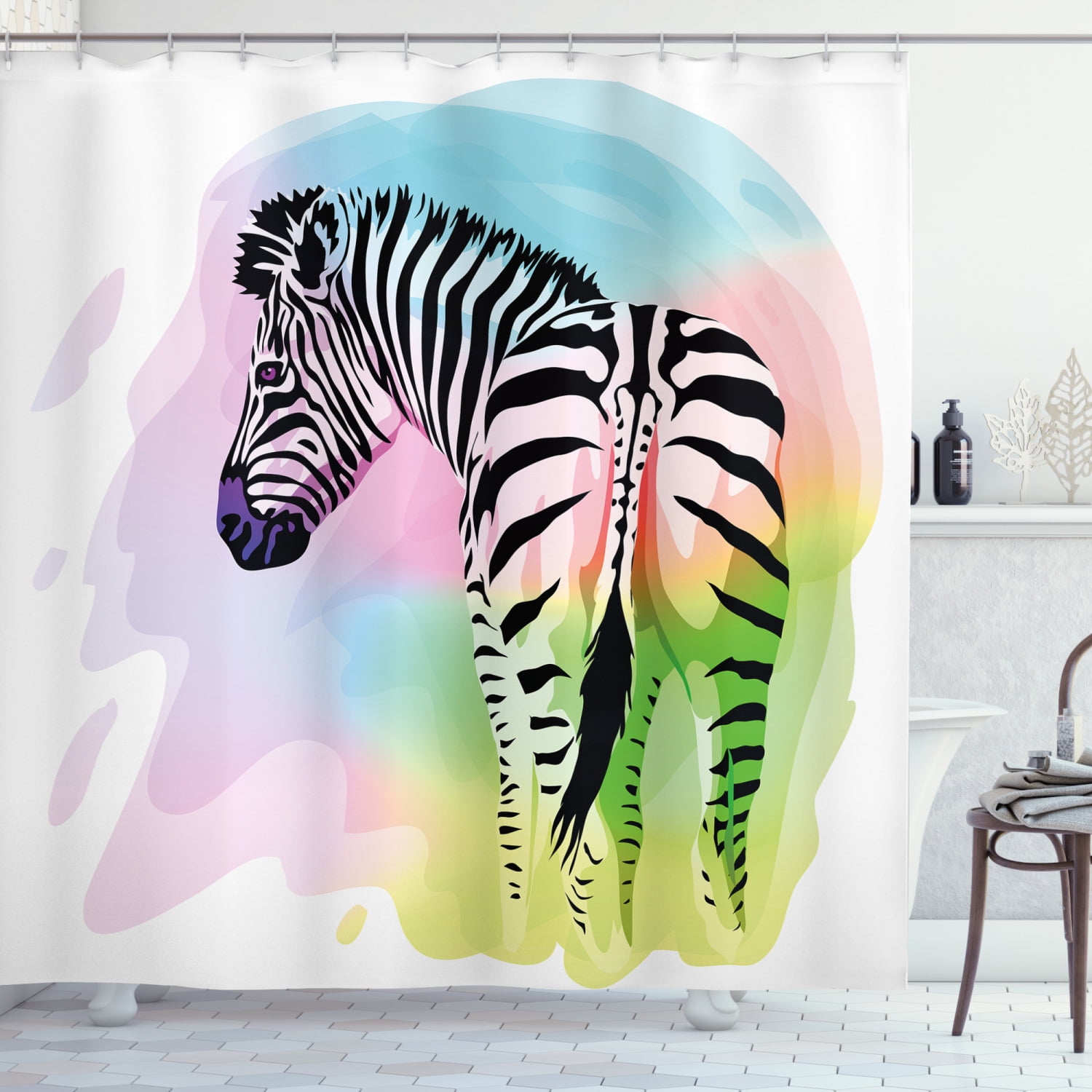 Rainbow Zebra Shower Curtain, Watercolor Effect Pastel Tone Striped ...