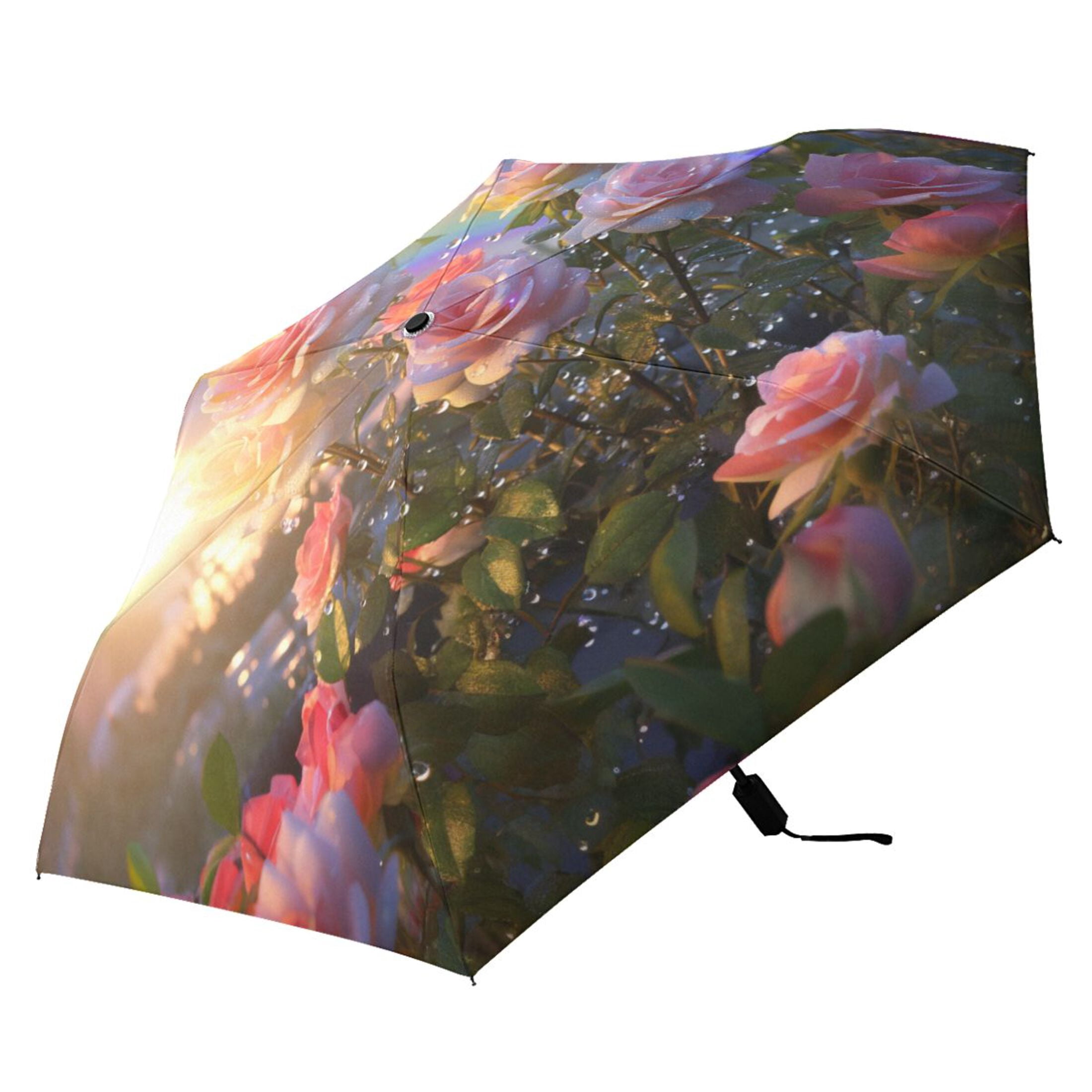 Rainbow and Flowers Compact Folding Umbrella for Rain Windproof Travel ...