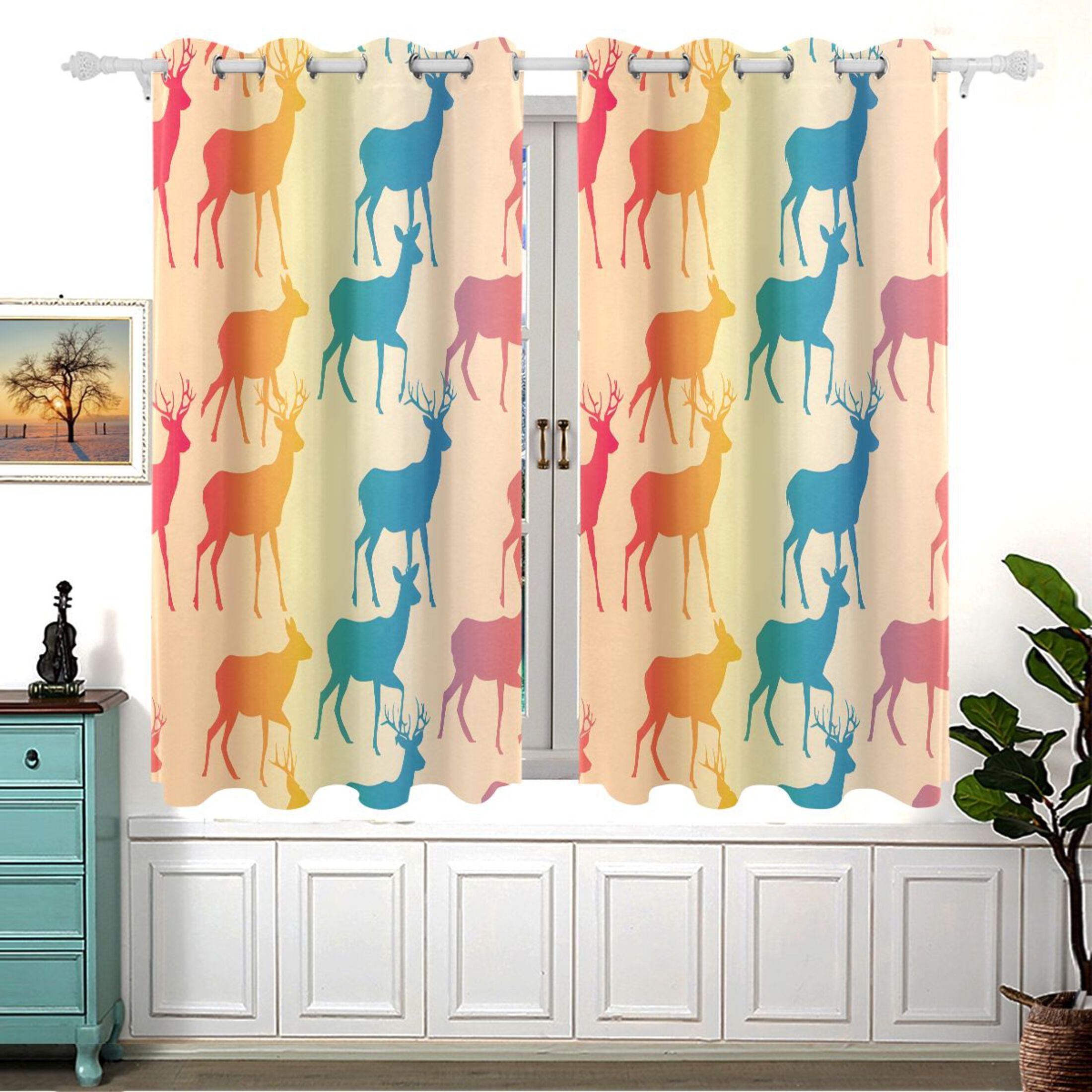 Rainbow-colored Deers Curtains Drapes with Grommets 2 Panels 54" x 55 ...