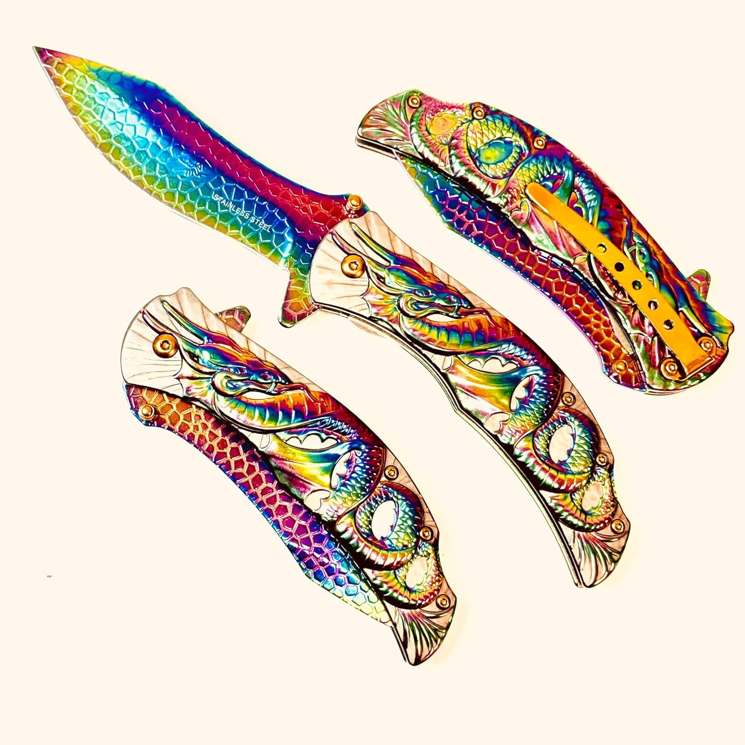 Rainbow dragon pocket knife GLX102RB, 8.5" overall,4" rainbow titanium ...
