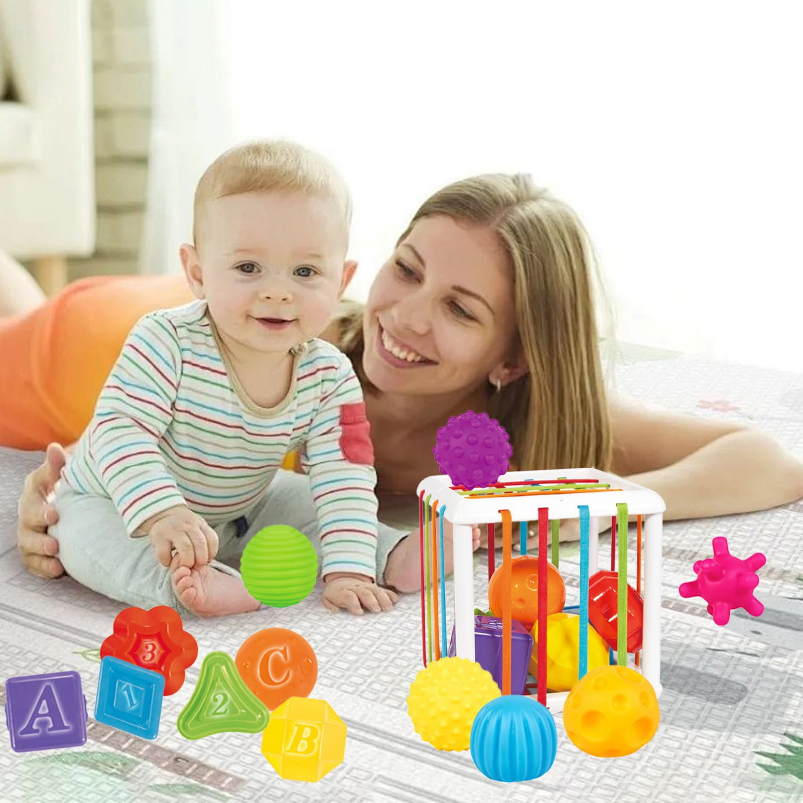 Rainbow elastic shape sorter toy, little one fine motor skill activity set, colorful stretchy ...