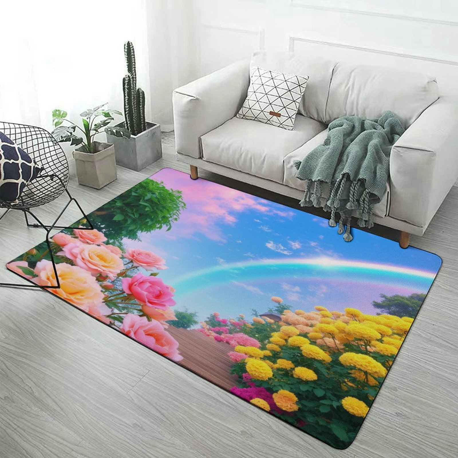 Rainbow over Floral Garden Path Carpet Rug for Home Living Room Bedroom ...