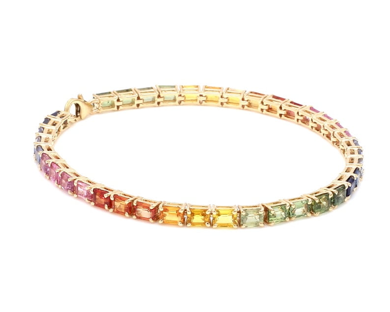 Rainbow sapphire emerald cut tennis bracelet , rainbow ombre bracelet ...