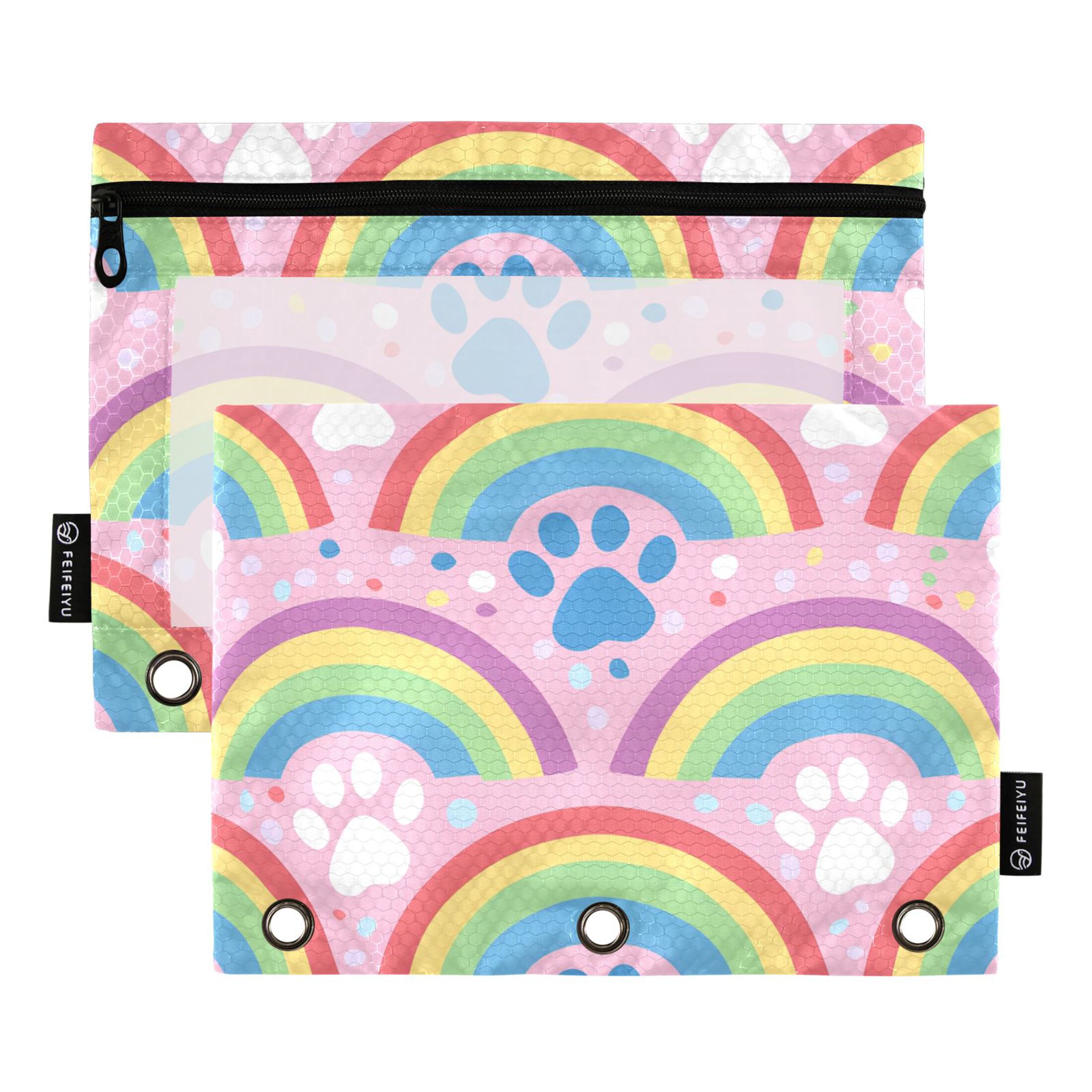 Rainbows Cat Paws Colorful Dots Binder Pouches Zipper Pocket Document ...