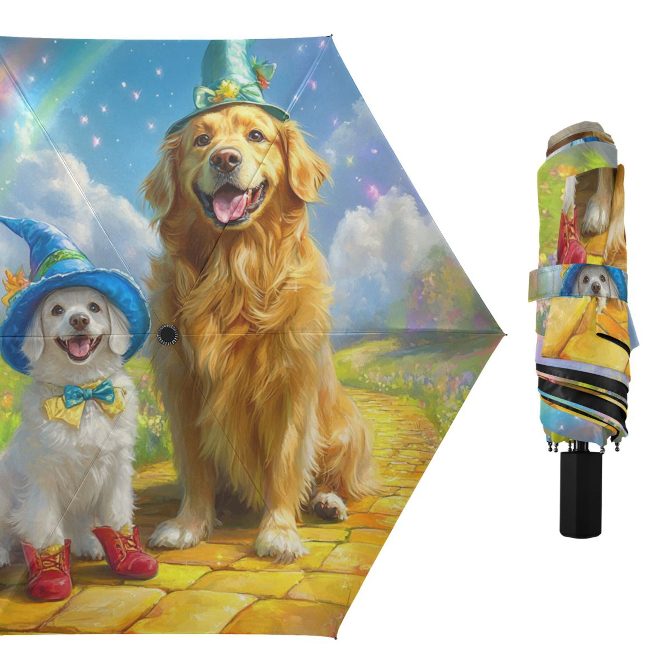 Rainbows Garden Cute Dogs with Hats All Weather Umbrella Triple Folding ...