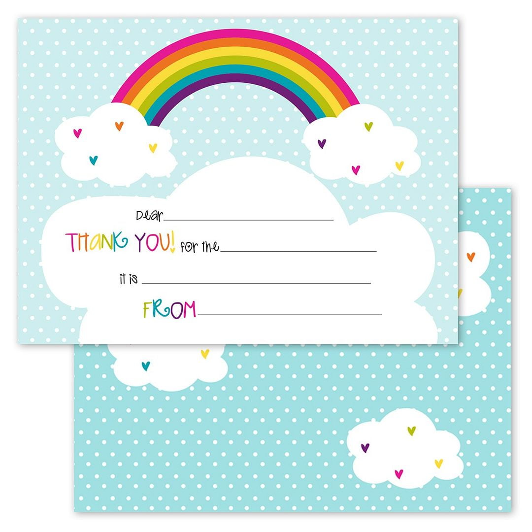 Rainbows And Hearts Kids Thank You Note Card Pack / 20 Vibrant Fill In ...
